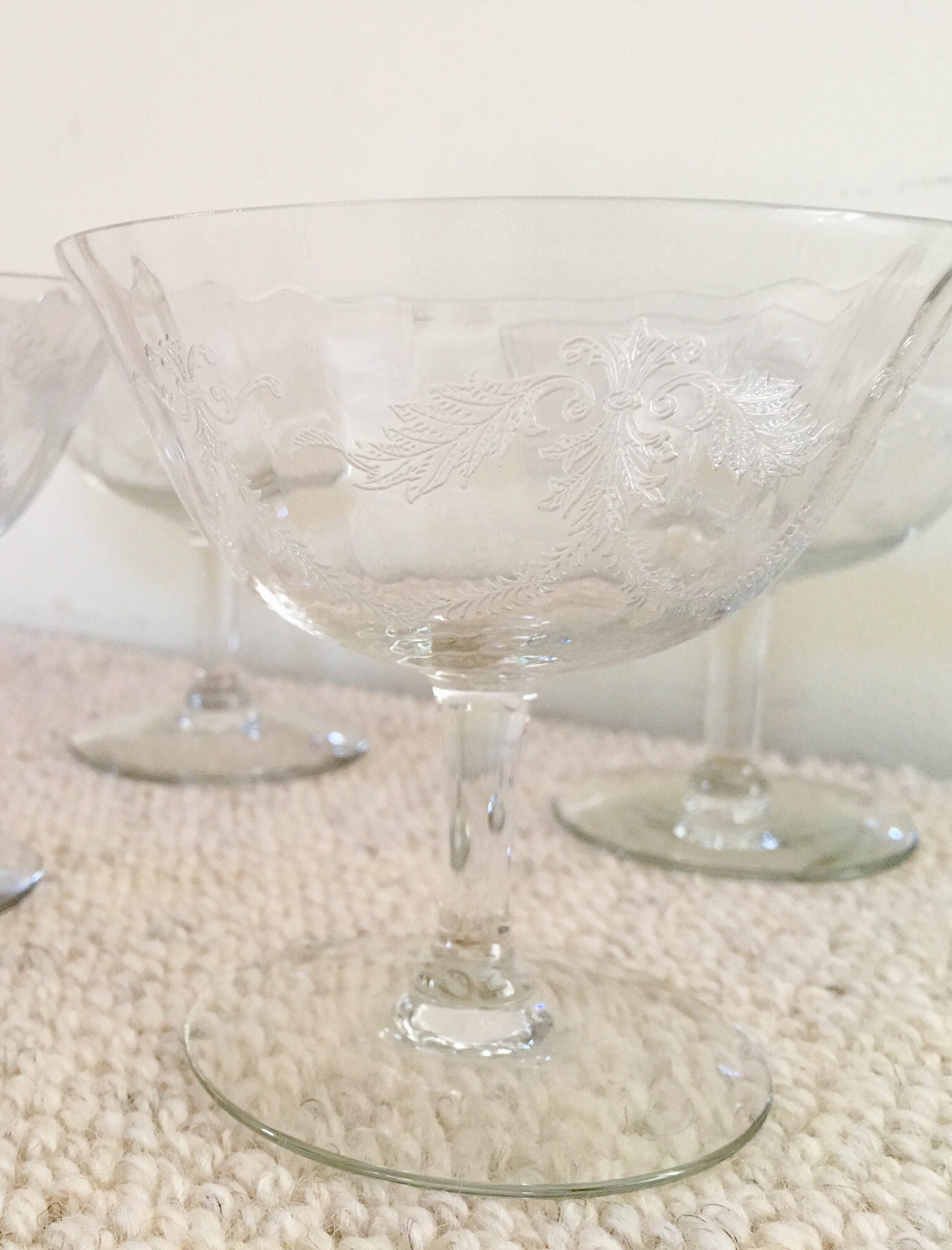 Vintage Champagne Glasses Flutes Set of 5 Coupes Dessert Etched Glass ...