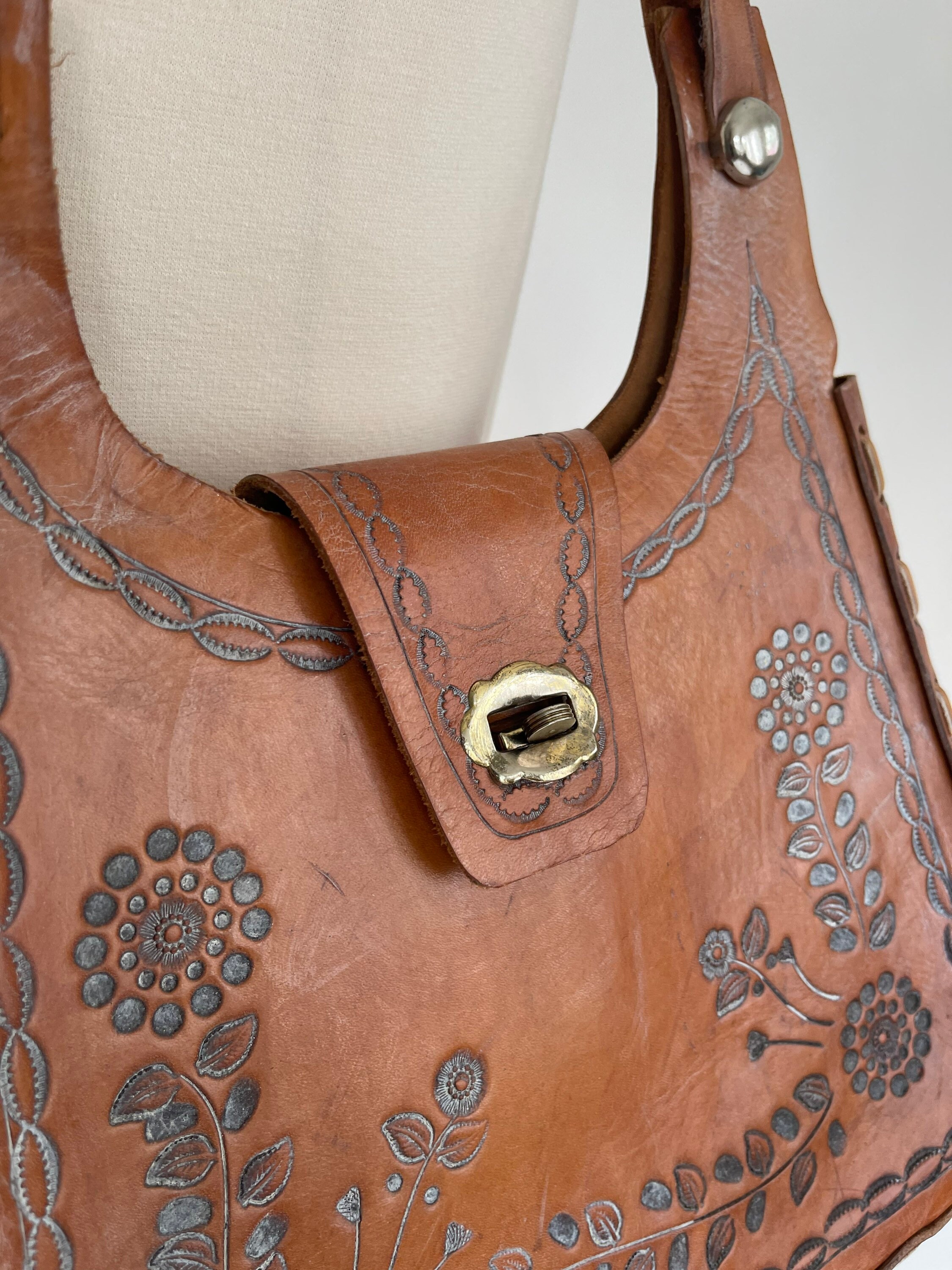 Floral Tooled Leather Bag Purse Handcrafted Hand Tooled Vintage Tan ...