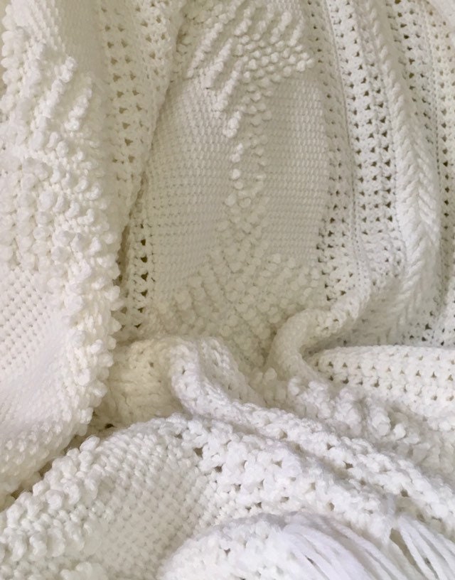 Hand Knit Sweater Blanket Winter White Throw Afghan Vintage Handmade ...