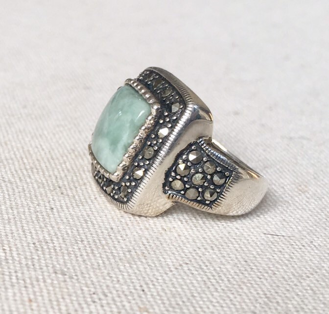 Sterling Silver Jade Ring Vintage Big Statement Rings Green Stone Tiny ...