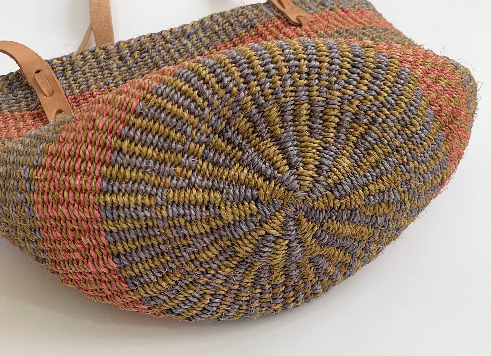 African Sisal Market Bag Purse Made in Kenya Leather Straps Faded ...