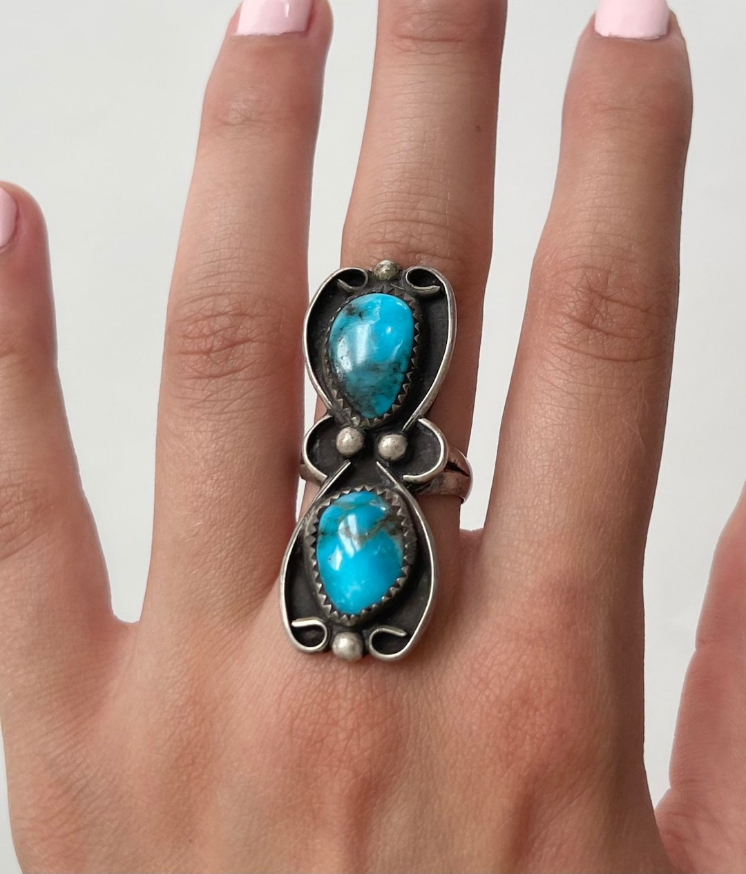 Old Pawn Turquoise Ring Bright Blue Double Two Stones Multi - Etsy