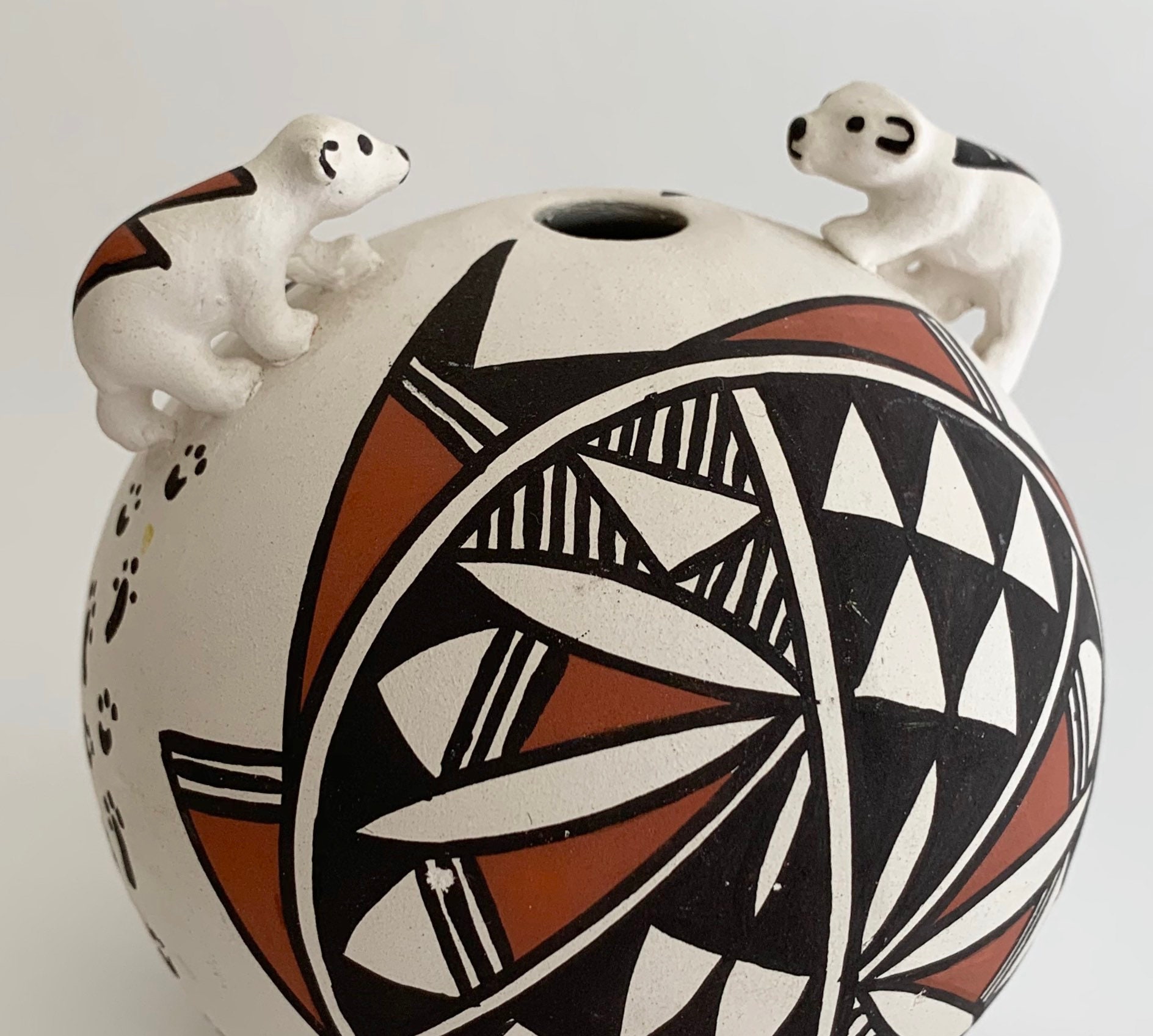 RESERVED Acoma Pottery Round Pot Bear Figurine Handmade Handpainted New ...