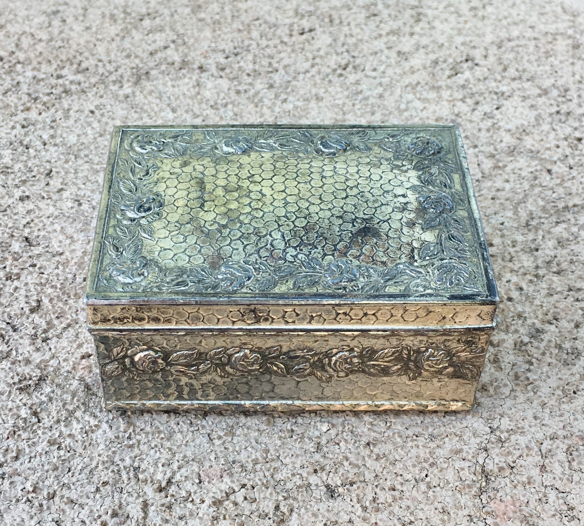Charming Antique Tin Box Embossed with Floral Rose Design Wood Lining ...