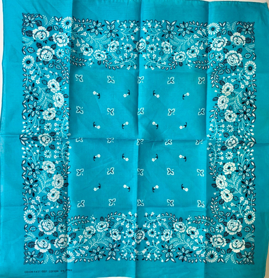 Colorfast Turquoise Blue Bandana Vintage All Cotton Paisley Floral ...