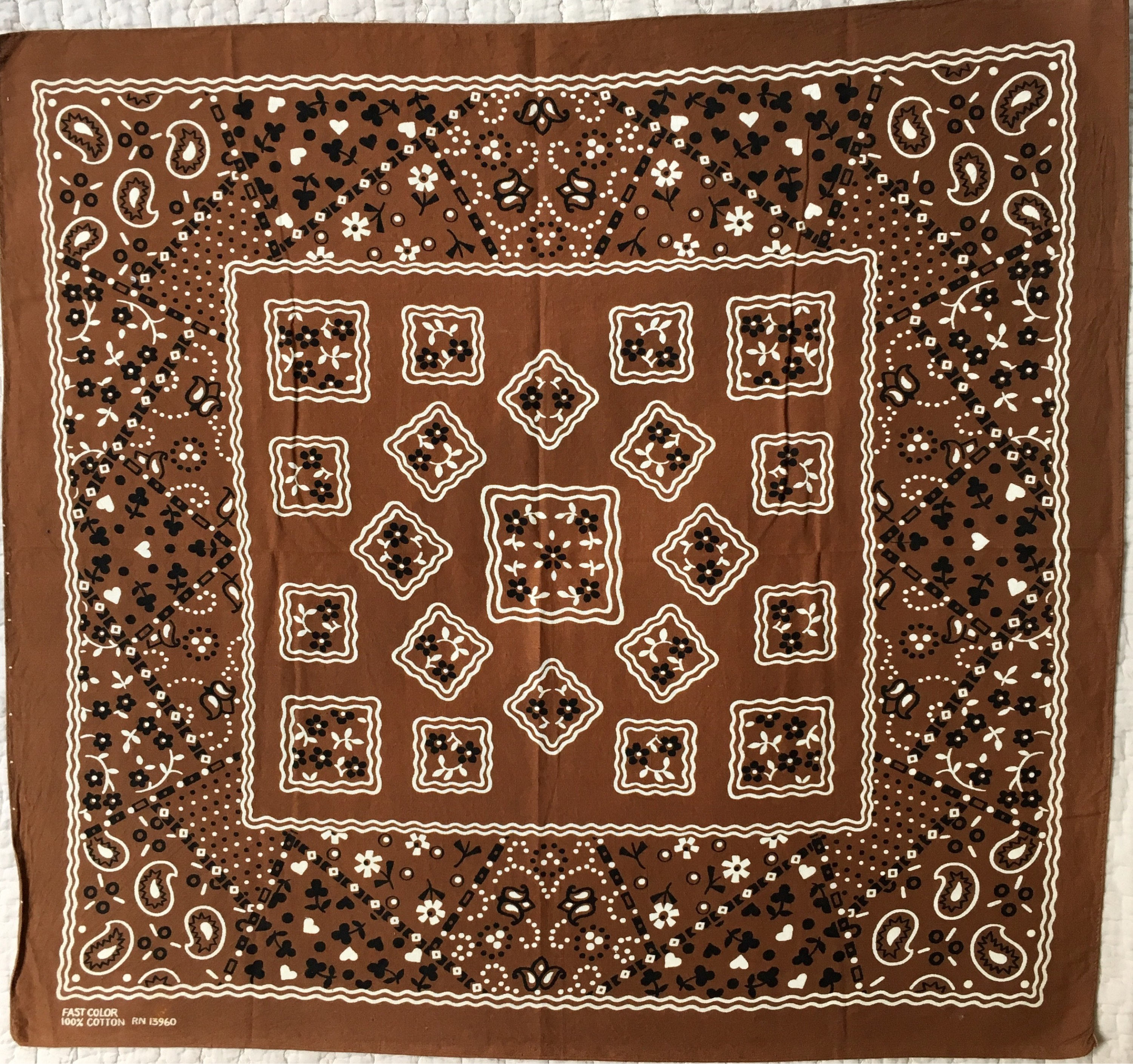 Vintage Brown Bandana Fast Color Flower Floral Paisley Print RN 13960