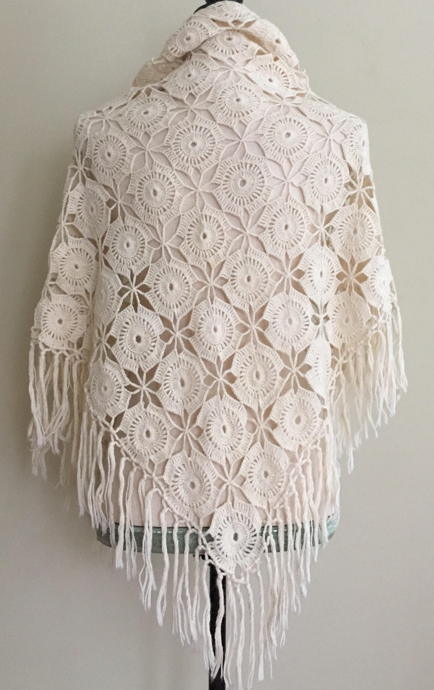 70s Crochet Fringe Shawl Natural White Wrap Vintage Hand Knit Peasant ...
