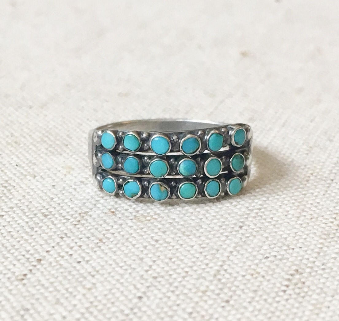 Delicate Zuni Turquoise Ring Band Sterling Silver Petit Point Triple ...