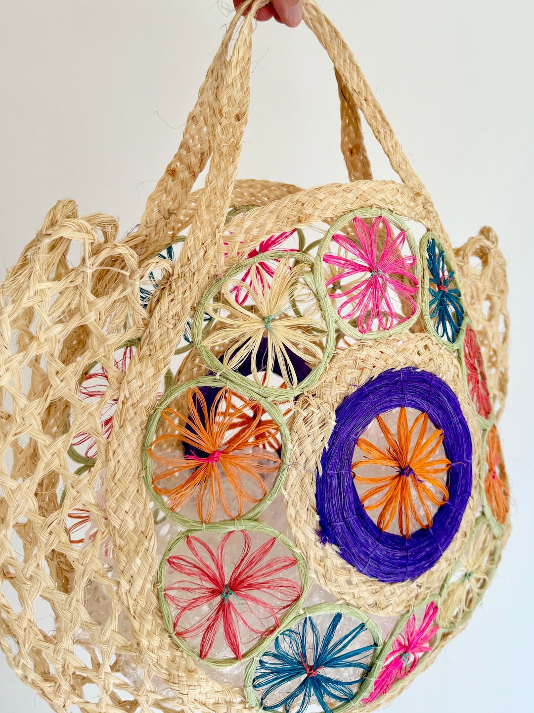 70s Floral Straw Bag Tote Vintage Round Circular Top Handle Woven ...