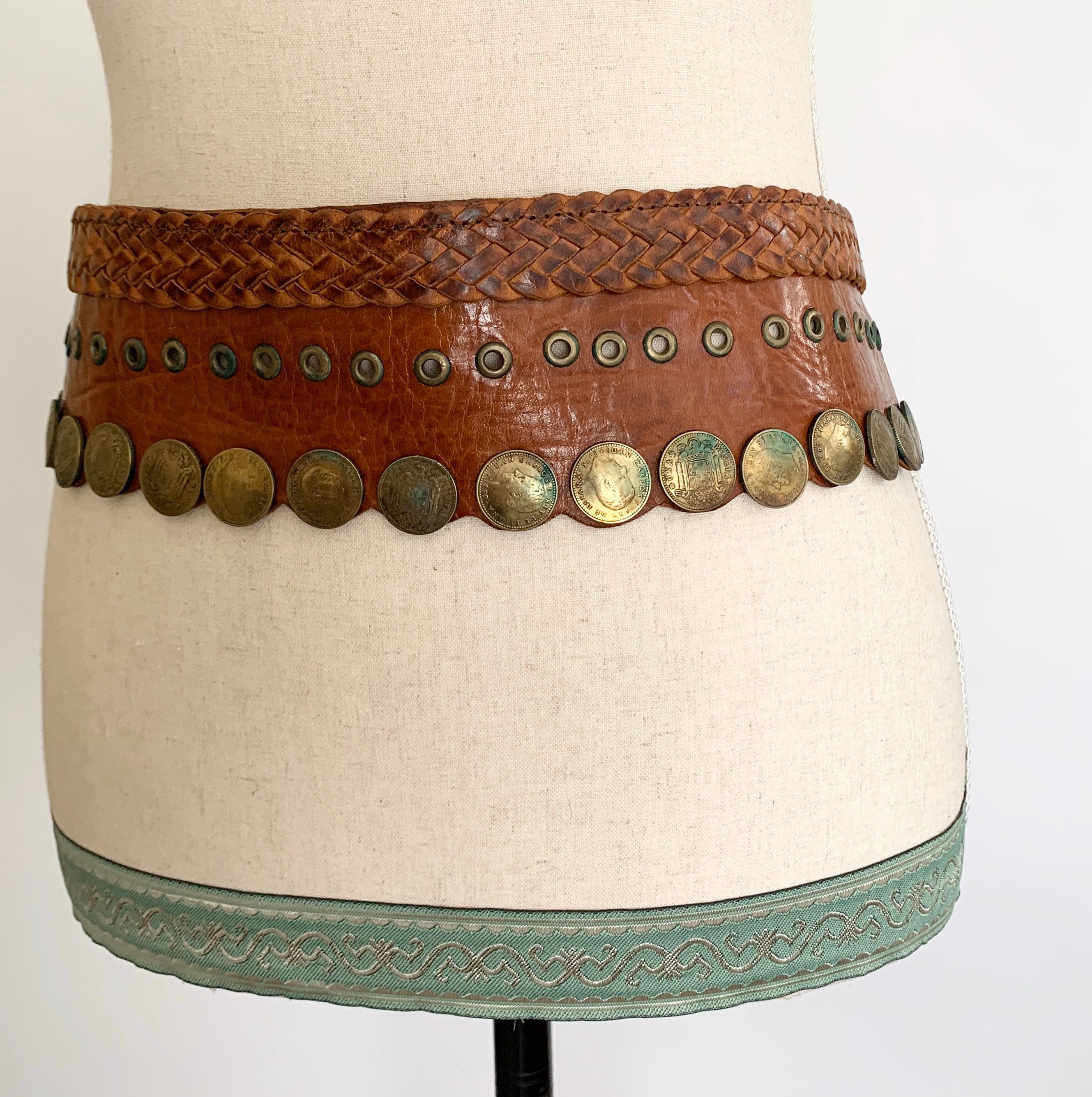 Wide Studded Coin Belt Vintage 70s Distressed Brown Leather Brass Studs ...