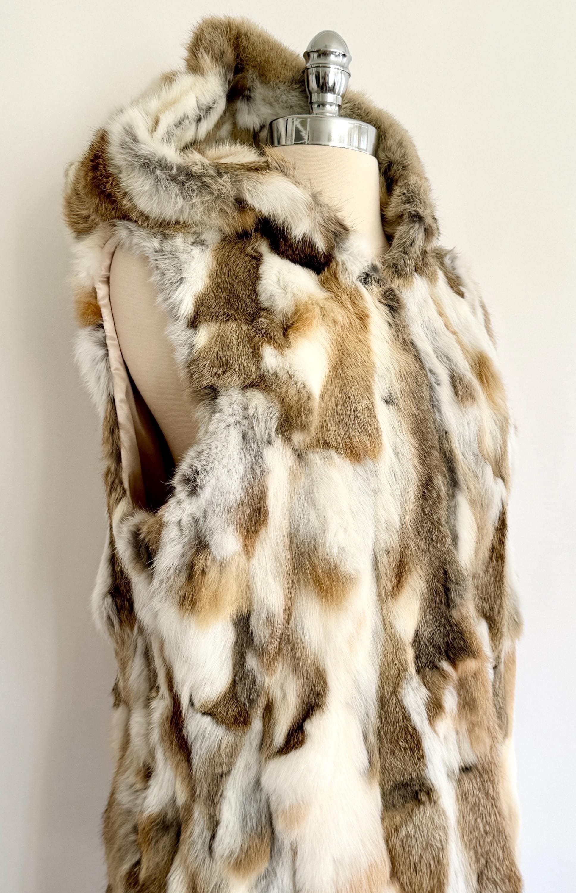 Vintage Rabbit Fur Vest Hooded 90s Y2K White Beige Bunny Fur Satin ...