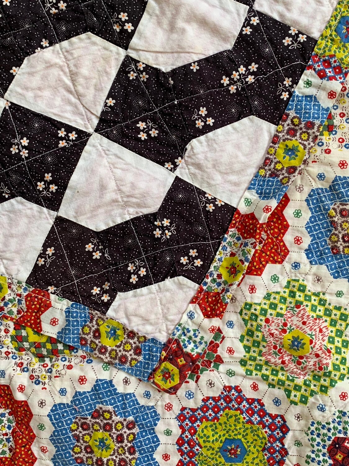 Patchwork Print Picnic Blanket Vintage Handmade Reversible Faded Patina ...