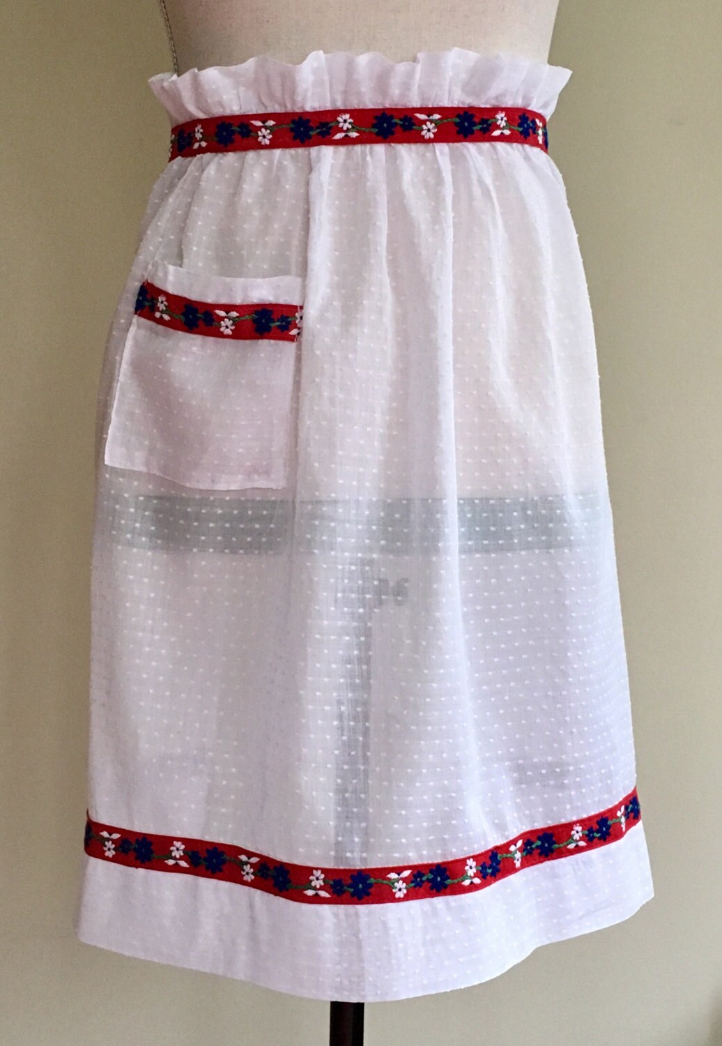 Vintage Red and White Swiss Dot Half Apron with Red Floral Trim