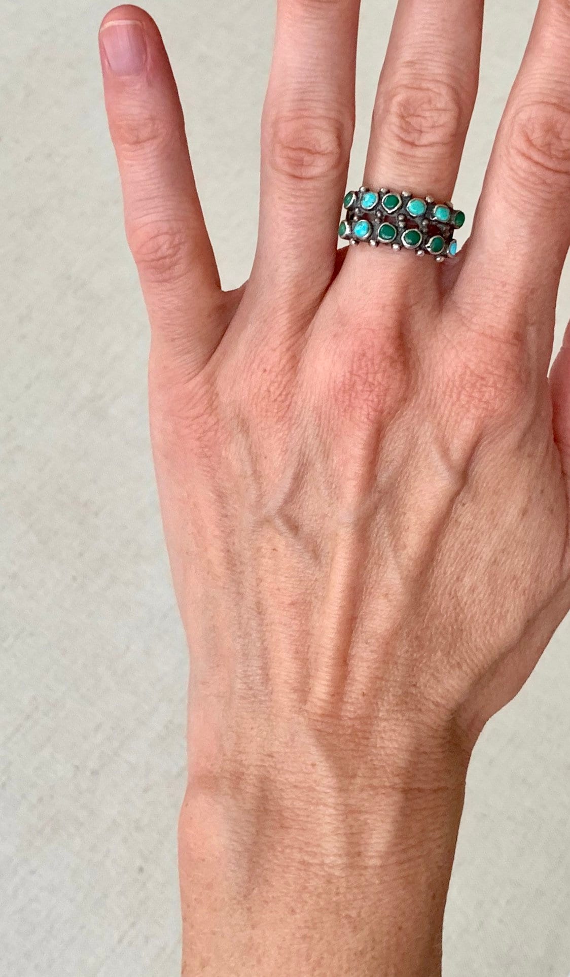 Zuni Turquoise Ring Band Snake Eye Double Row Green Turquoise Sterling ...