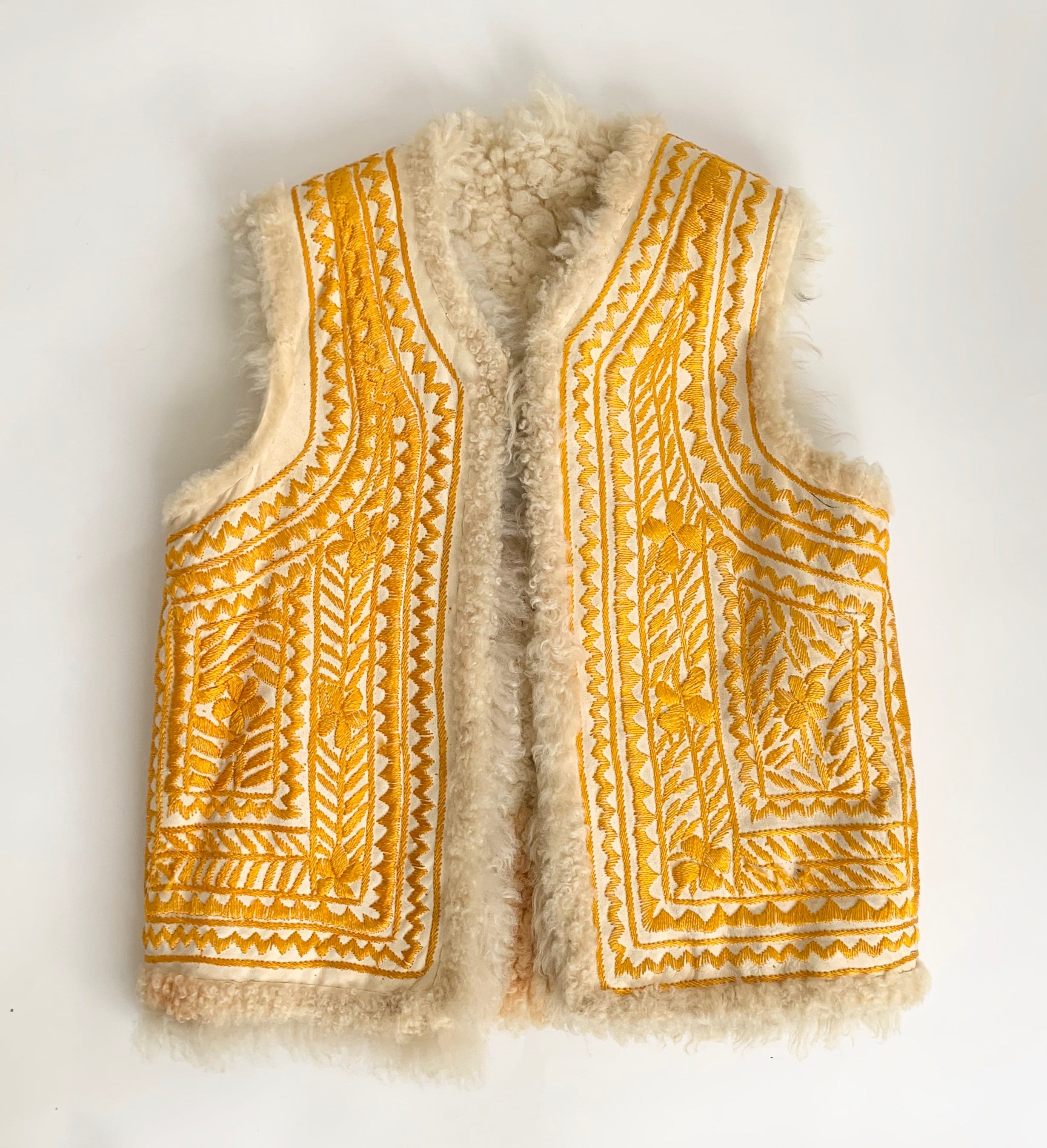 Boho Shearling Sheepskin Vest with Gold Embroidery Vintage 60s 70s ...