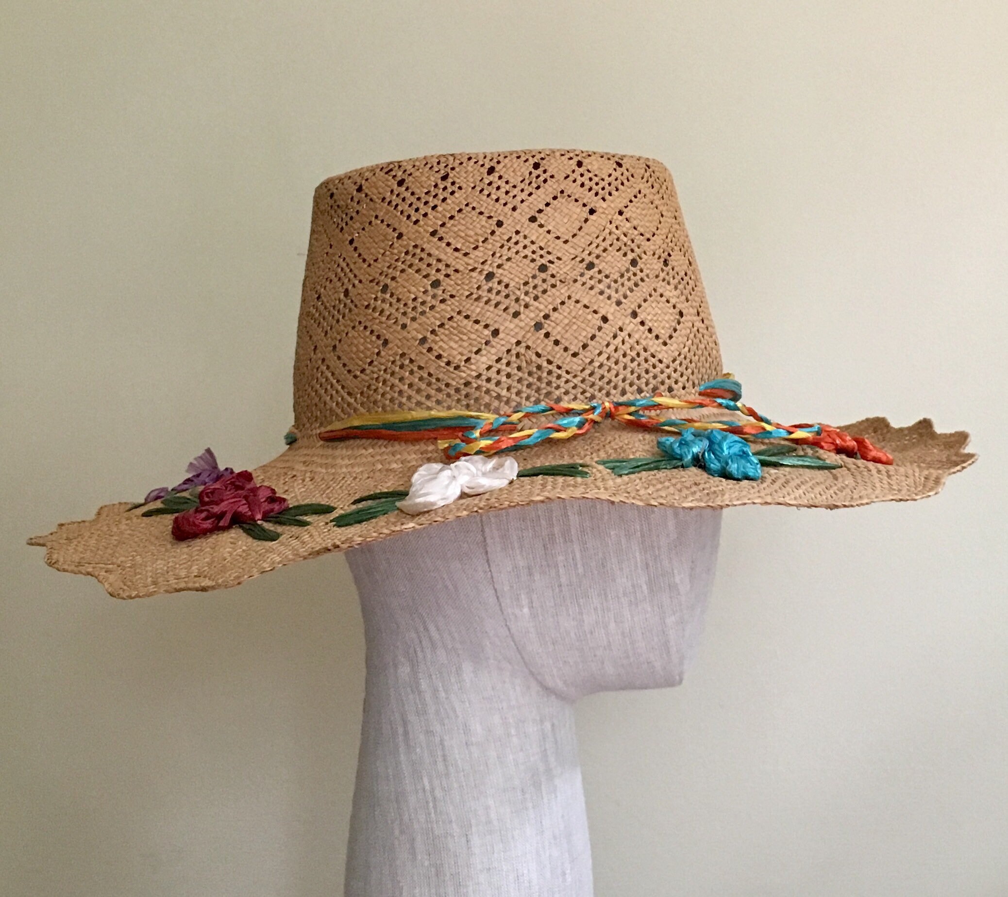 70s Mexican Straw Hat Vintage Sun Boho Beach Wide Brim Embroidered ...
