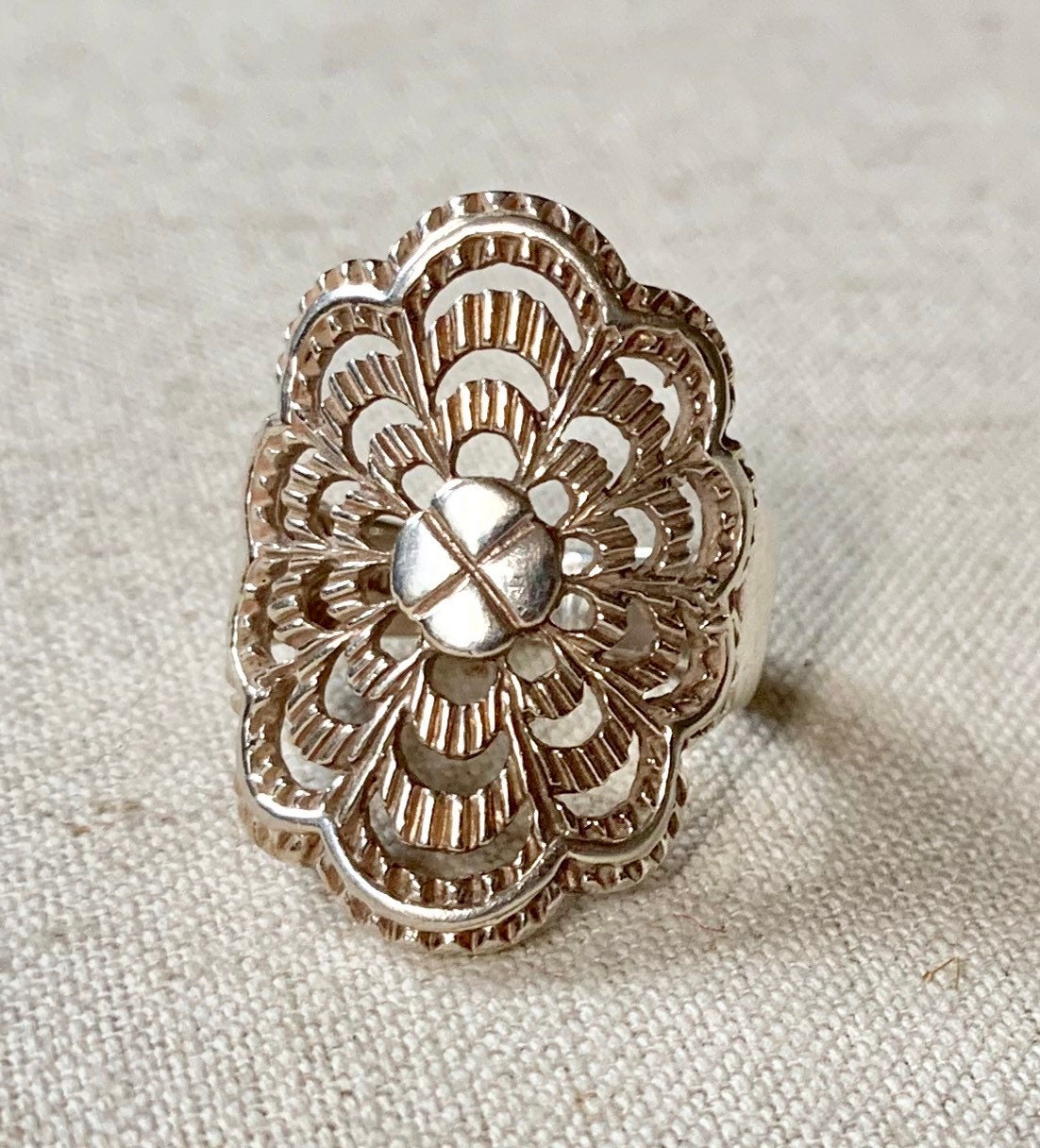 Sterling Silver Filagree Ring Vintage Jewelry Wide Long Face Cigar Band ...