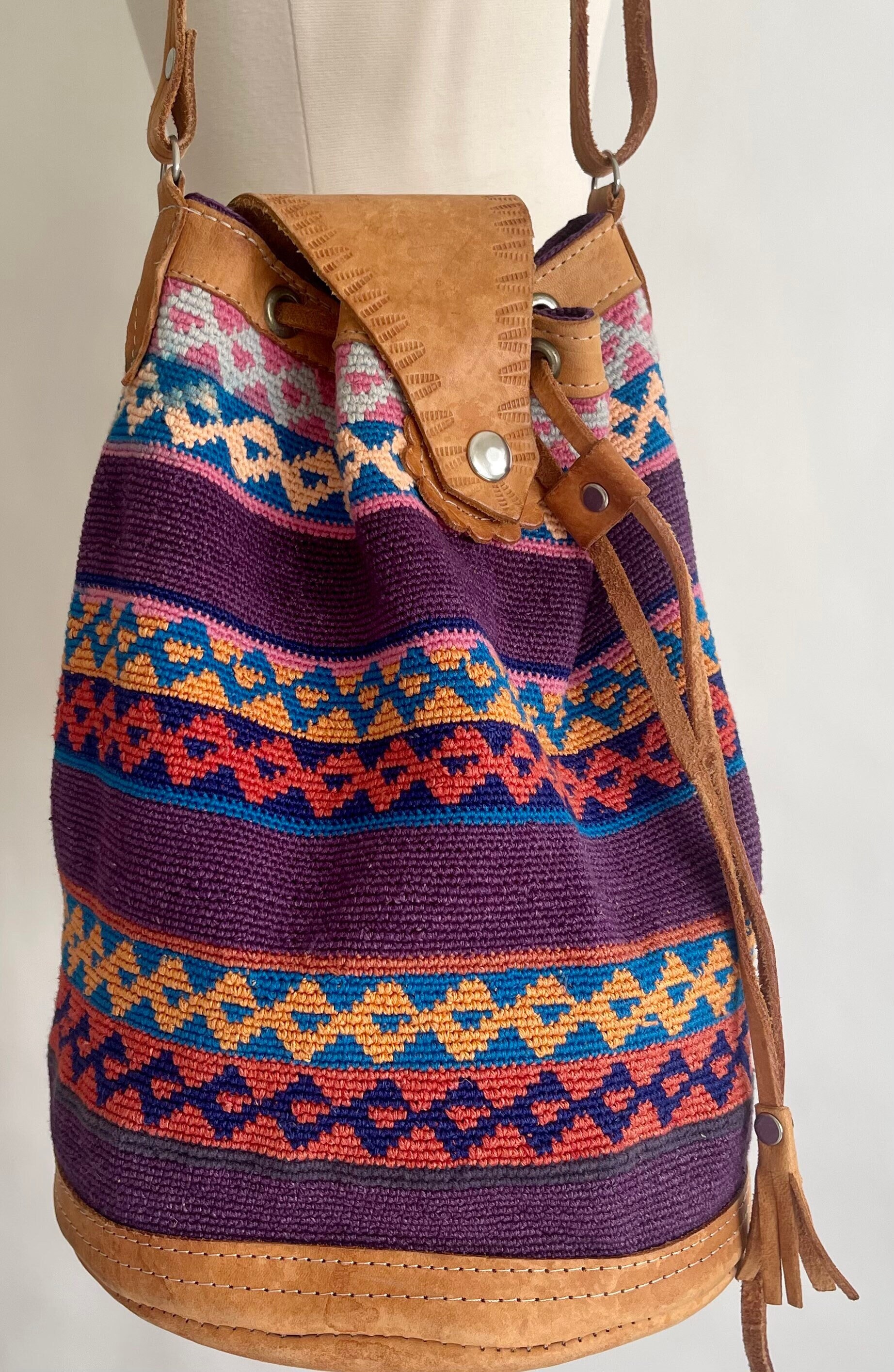 Boho Woven Bucket Bag Purse Hobo Tooled Leather Flap Drawstring Closure ...