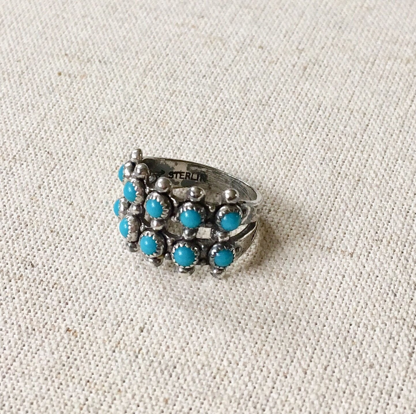 Vintage Zuni Turquoise Ring Band Snake Eye Double Row Sterling Silver ...