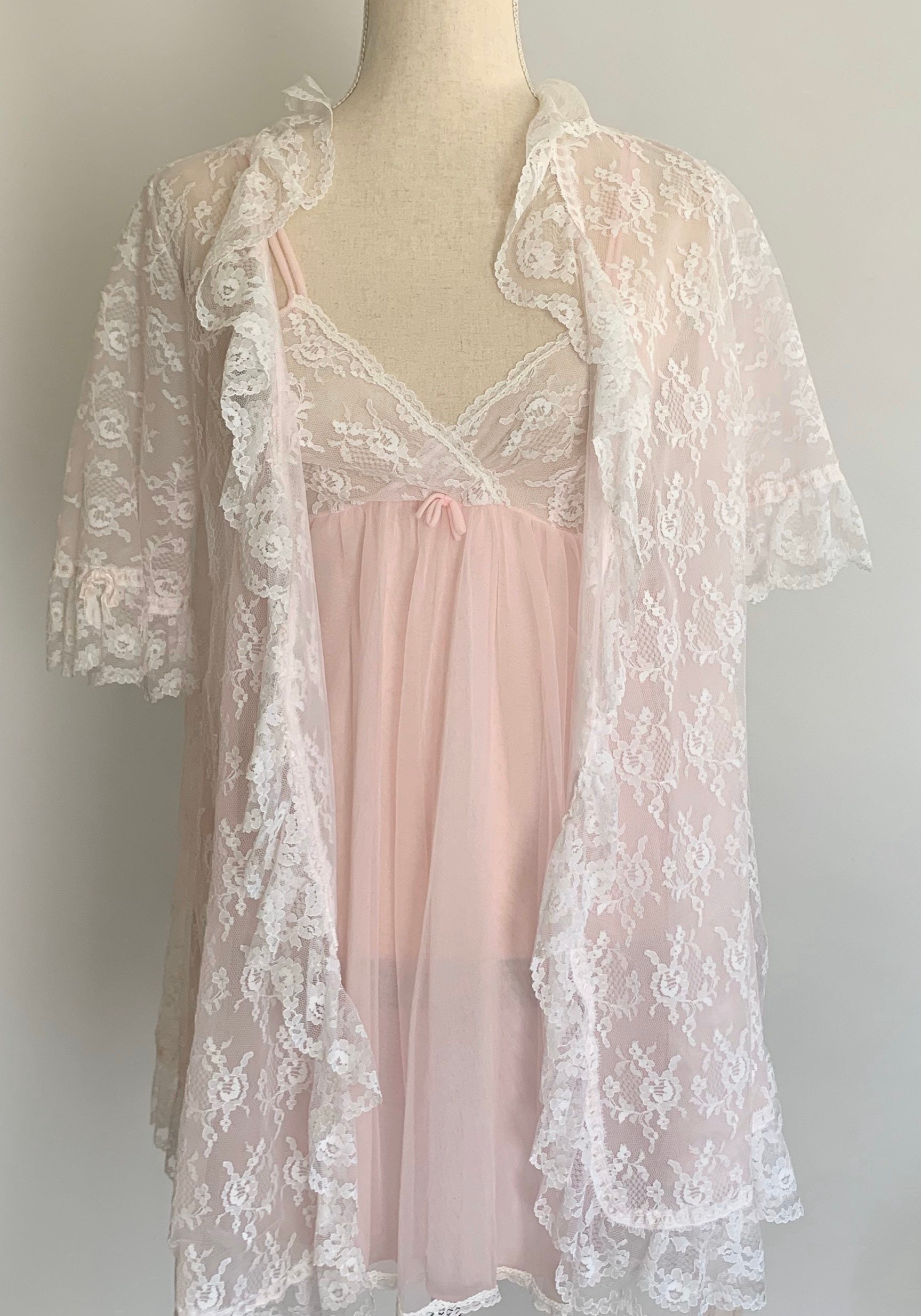 White Lace Bridal Babydoll Peignoir Two Piece Set Vintage 60s Made by ... White Lace Bridal Babydoll Peignoir Two Piece Set Vintage 60s Made by ...