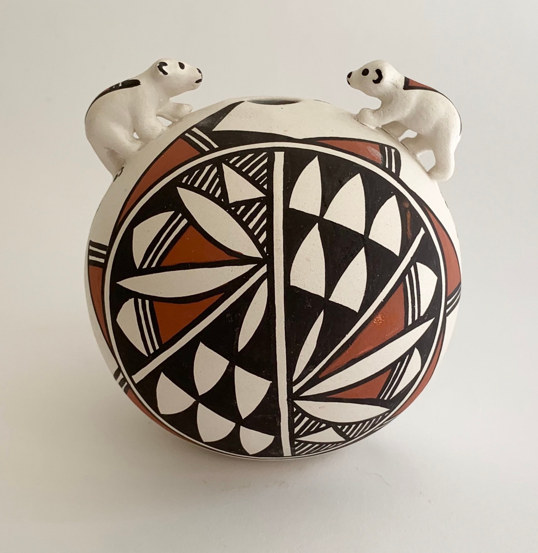 RESERVED Acoma Pottery Round Pot Bear Figurine Handmade Handpainted New ...