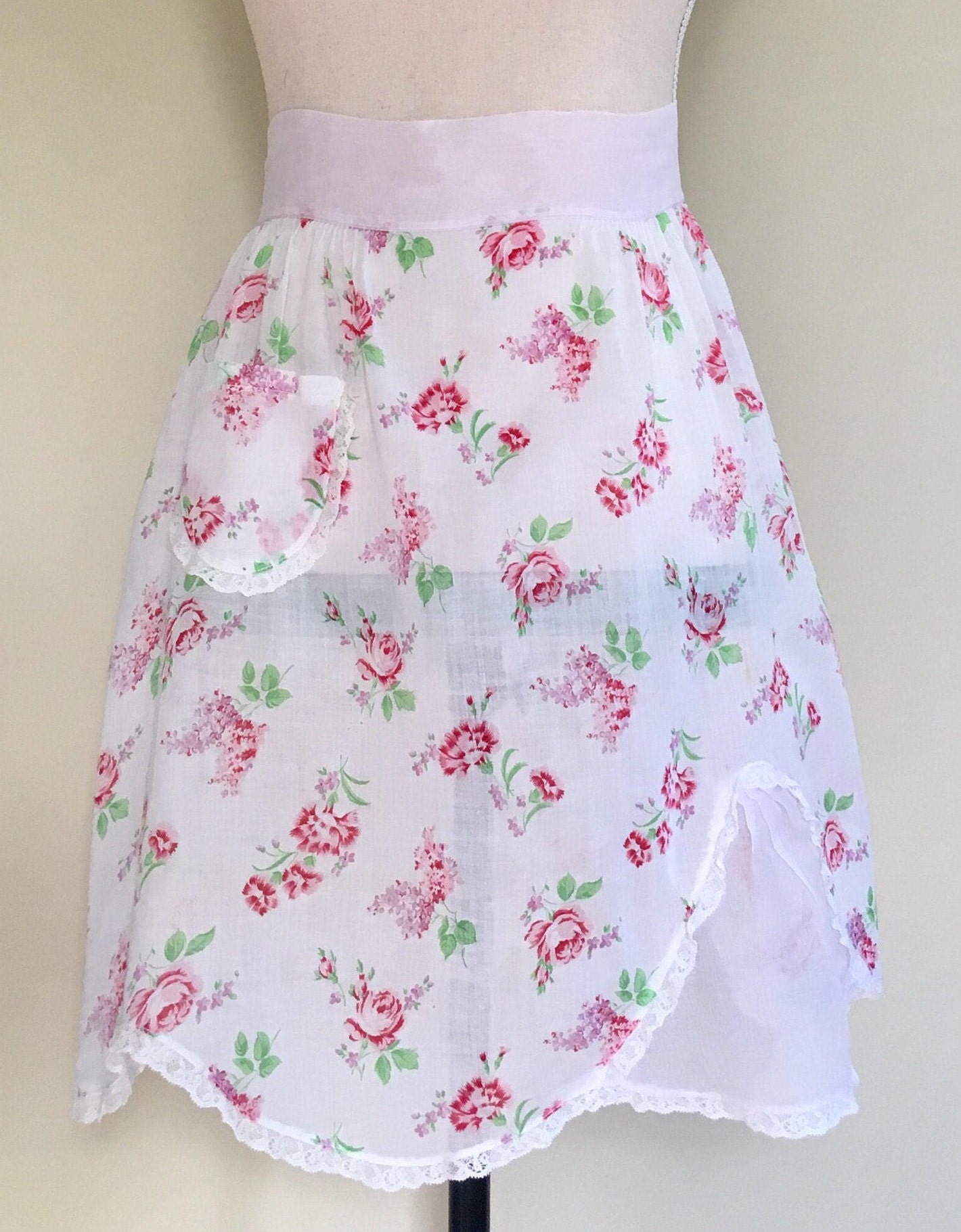 Vintage White Cotton Apron Half Apron Aprons Rose Floral Flower Pattern ...