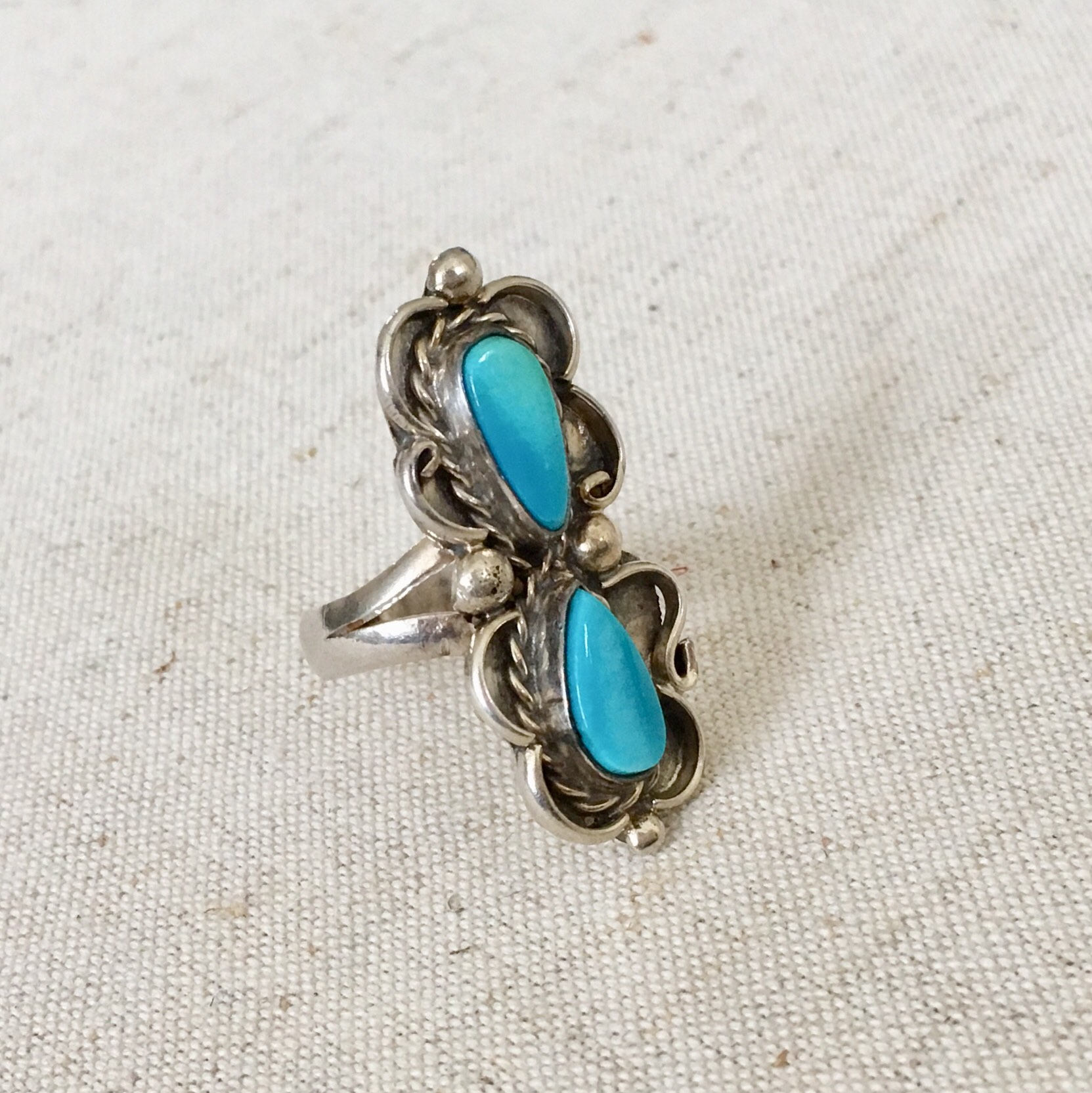 Long Turquoise Ring Sterling Silver Vintage 70's Native American Navajo ...