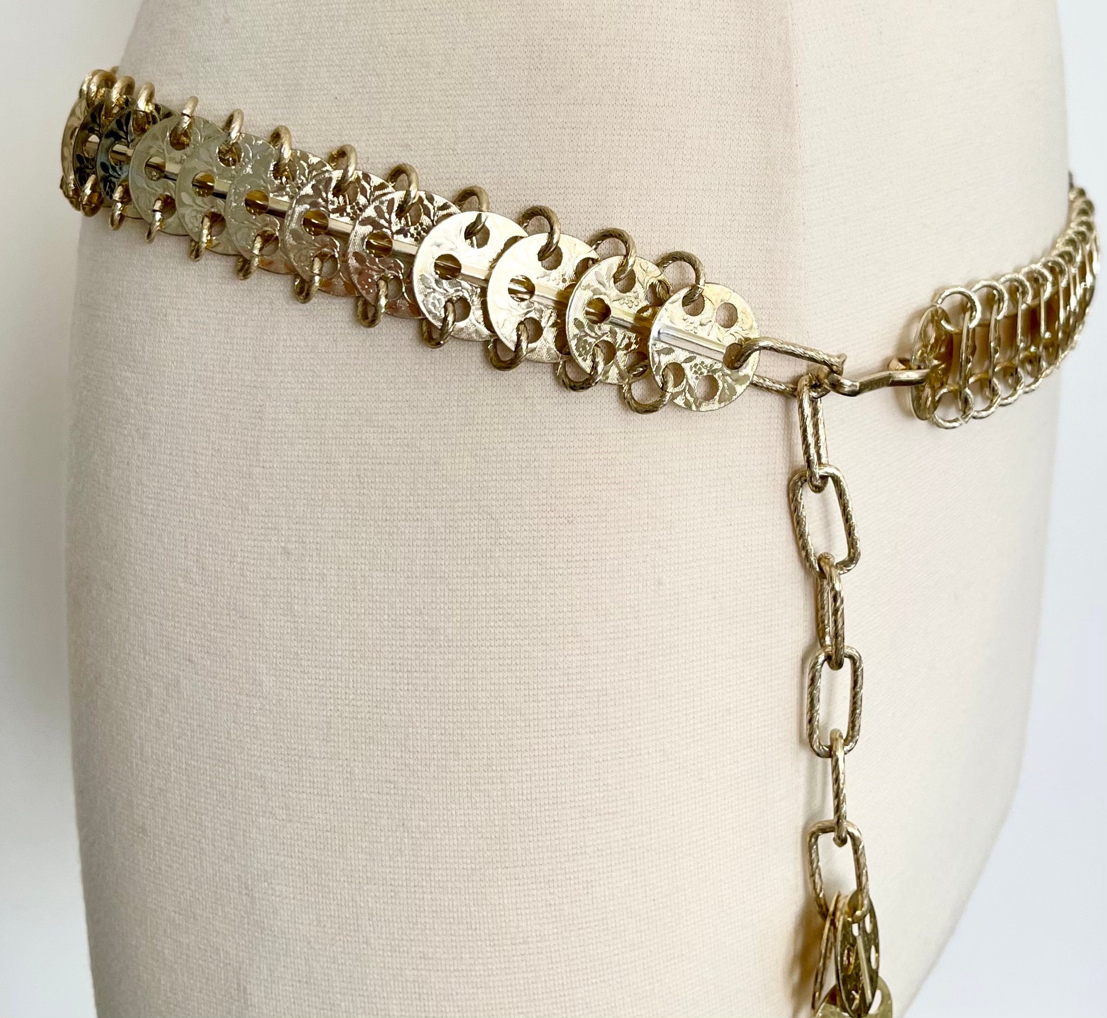 Gold Chain Link Belt Mod Vintage 80s Round Disc Circle Links Paco ...