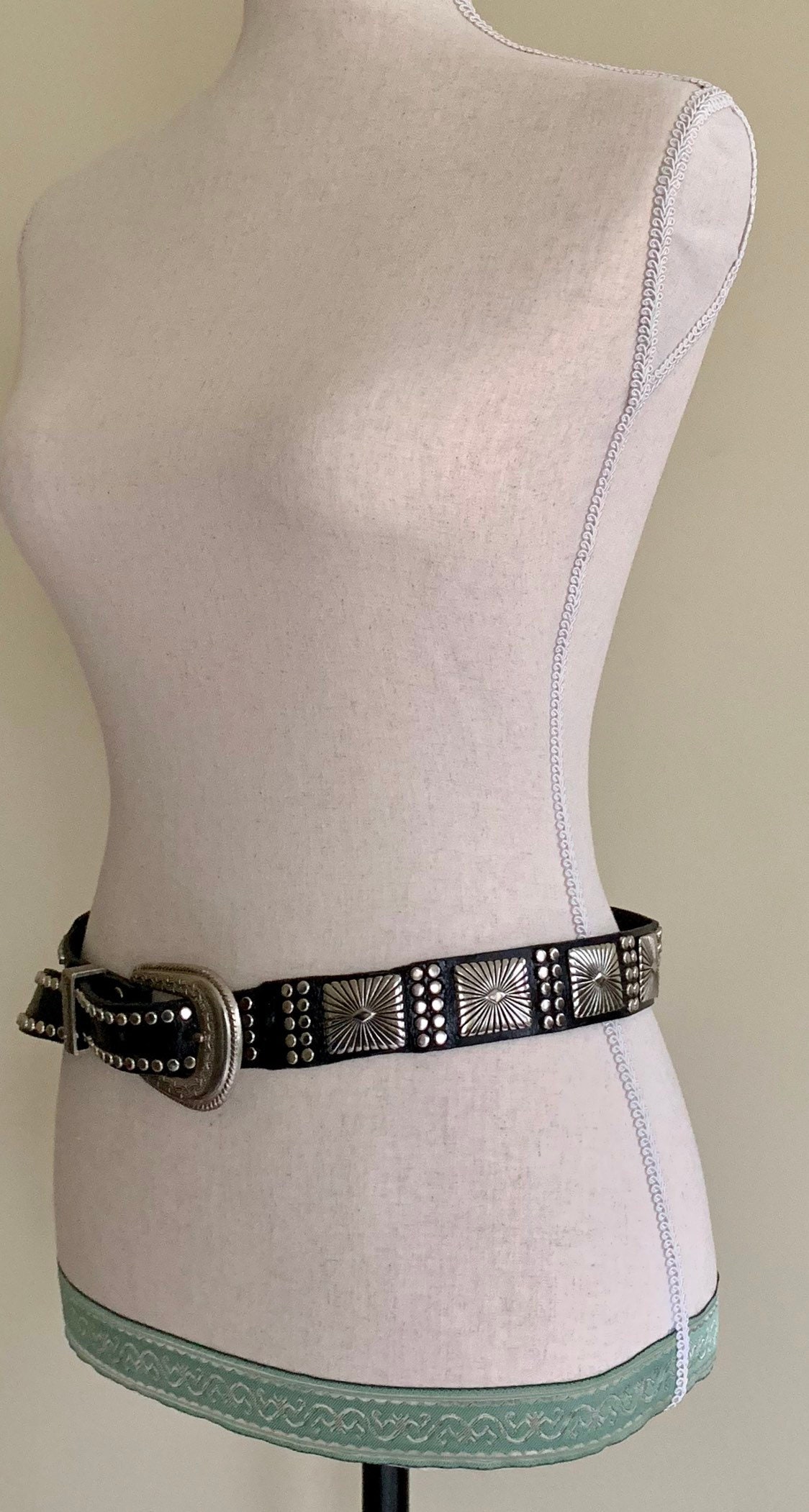 Western Concho Belt Heavy Silver Tone Metal Black Strap