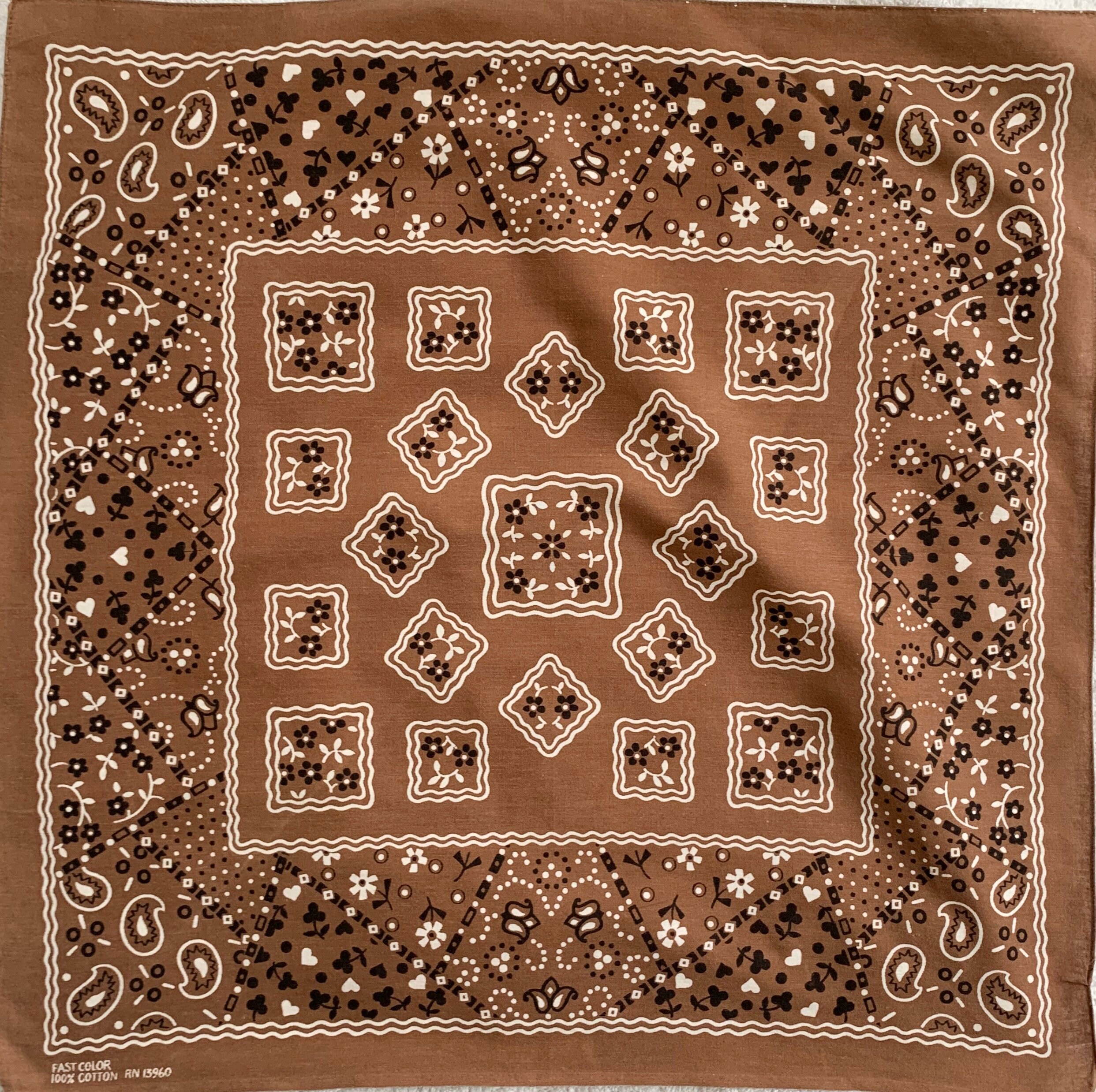 60s 70s Brown Bandana Vintage Fast Color Soft All Cotton Western Cowboy ...