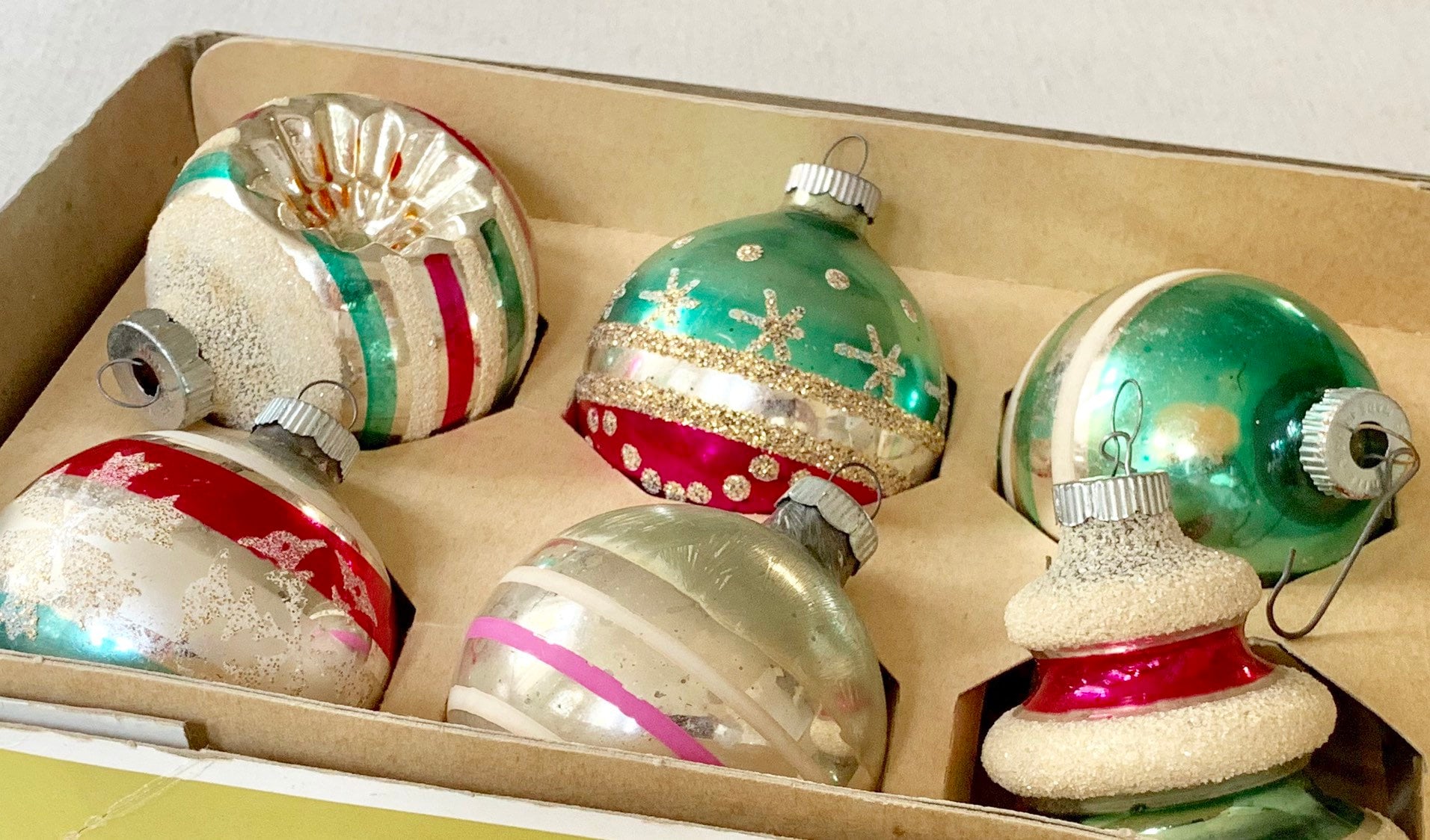 Shiny Brite Glass Ornaments Bulbs Vintage Mid Century Holiday Striped