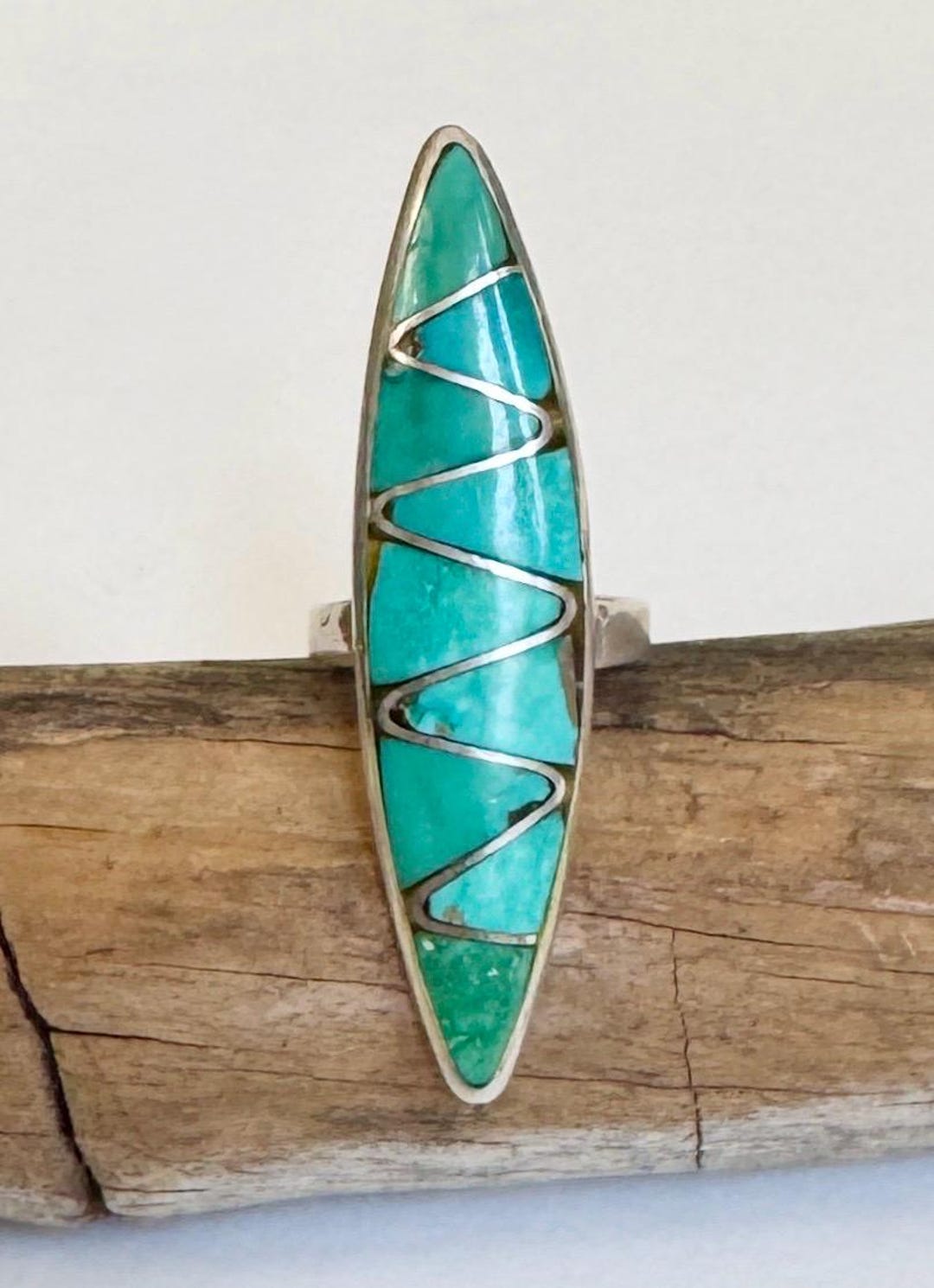 2" Zuni Turquoise Ring Vintage Native American Sterling Silver Flush ...