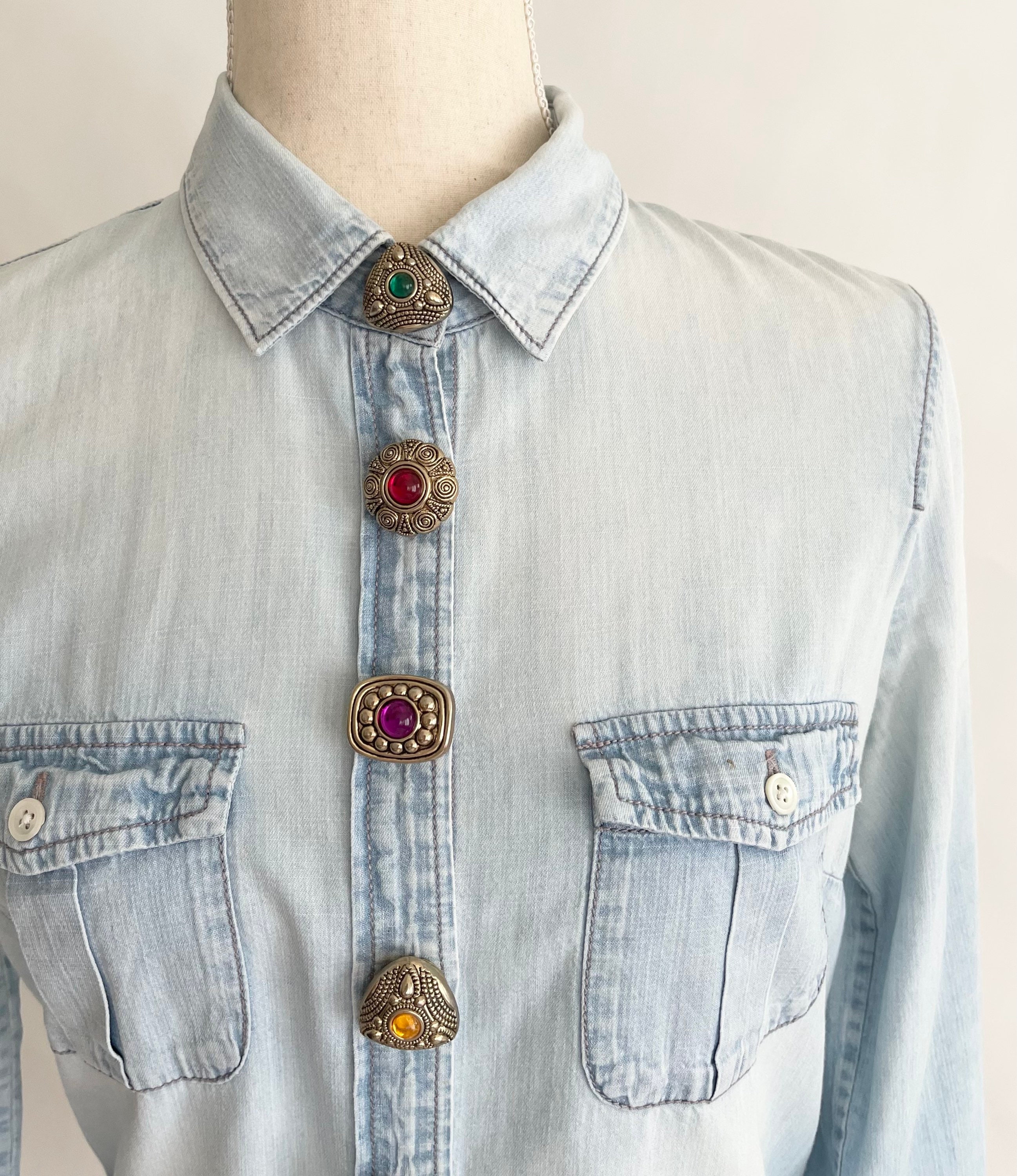 80s Jeweled Button Cover Set of 6 Gold Tone Buttons Faux Gemstone ...