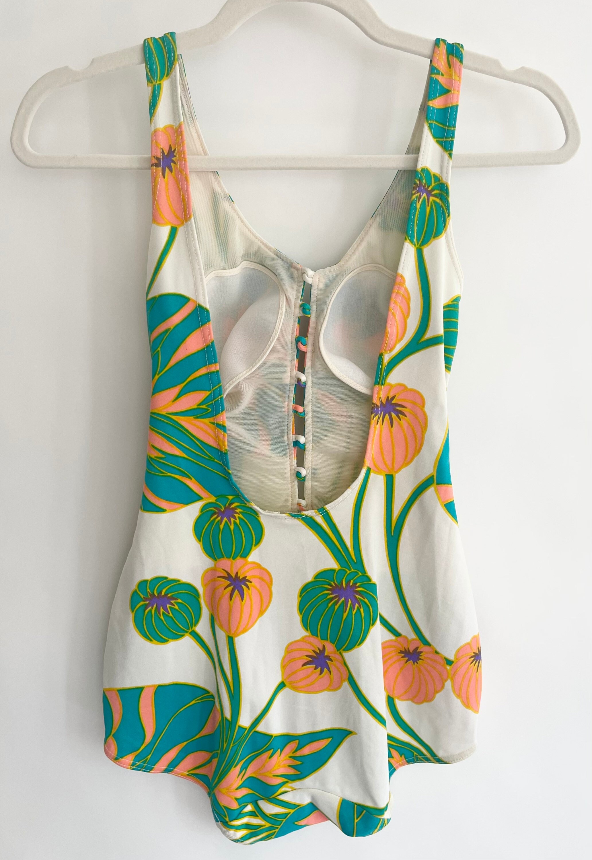 Retro Gottex Swimsuit Mod Vintage 60s One Piece White Green Tropical