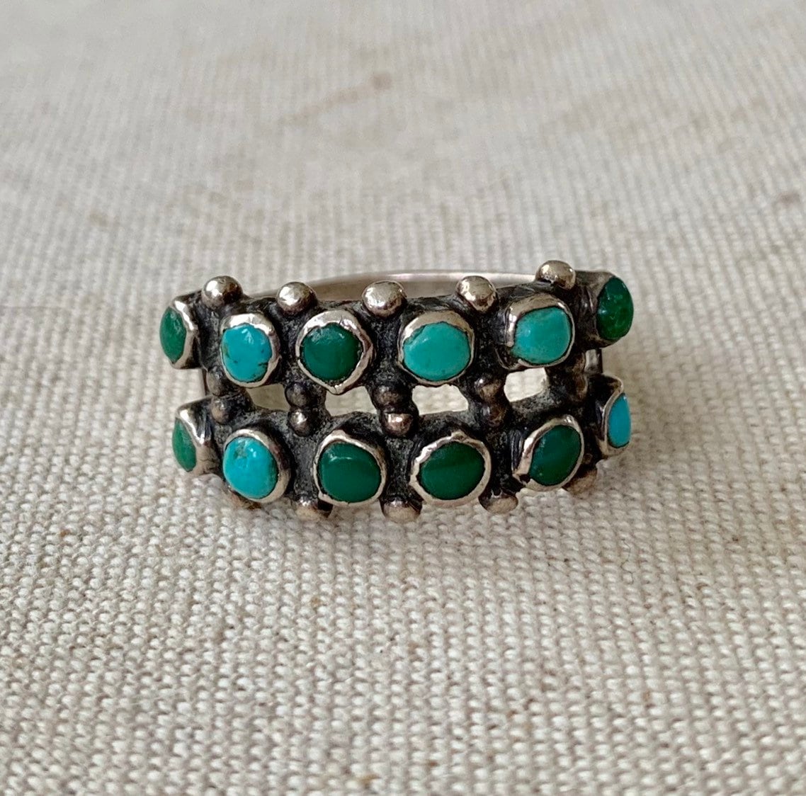 Zuni Turquoise Ring Band Snake Eye Double Row Green Turquoise Sterling ...