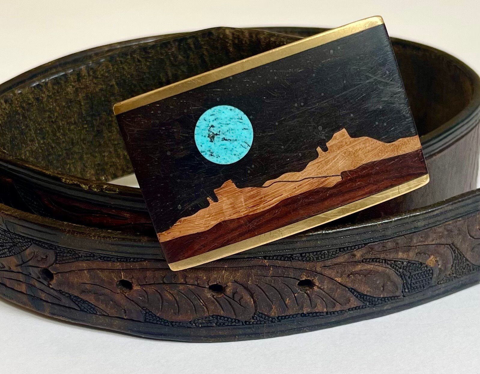 Signed Turquoise Inlay Buckle Inlaid Wood Vintage 80s Dated 1987 Maker ...