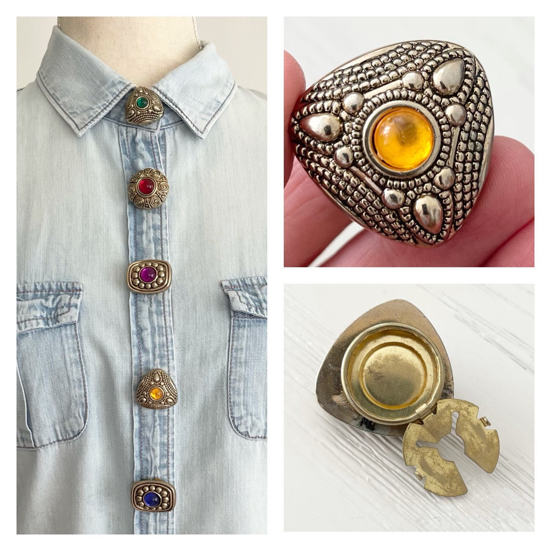 80s Jeweled Button Cover Set of 6 Gold Tone Buttons Faux Gemstone ...