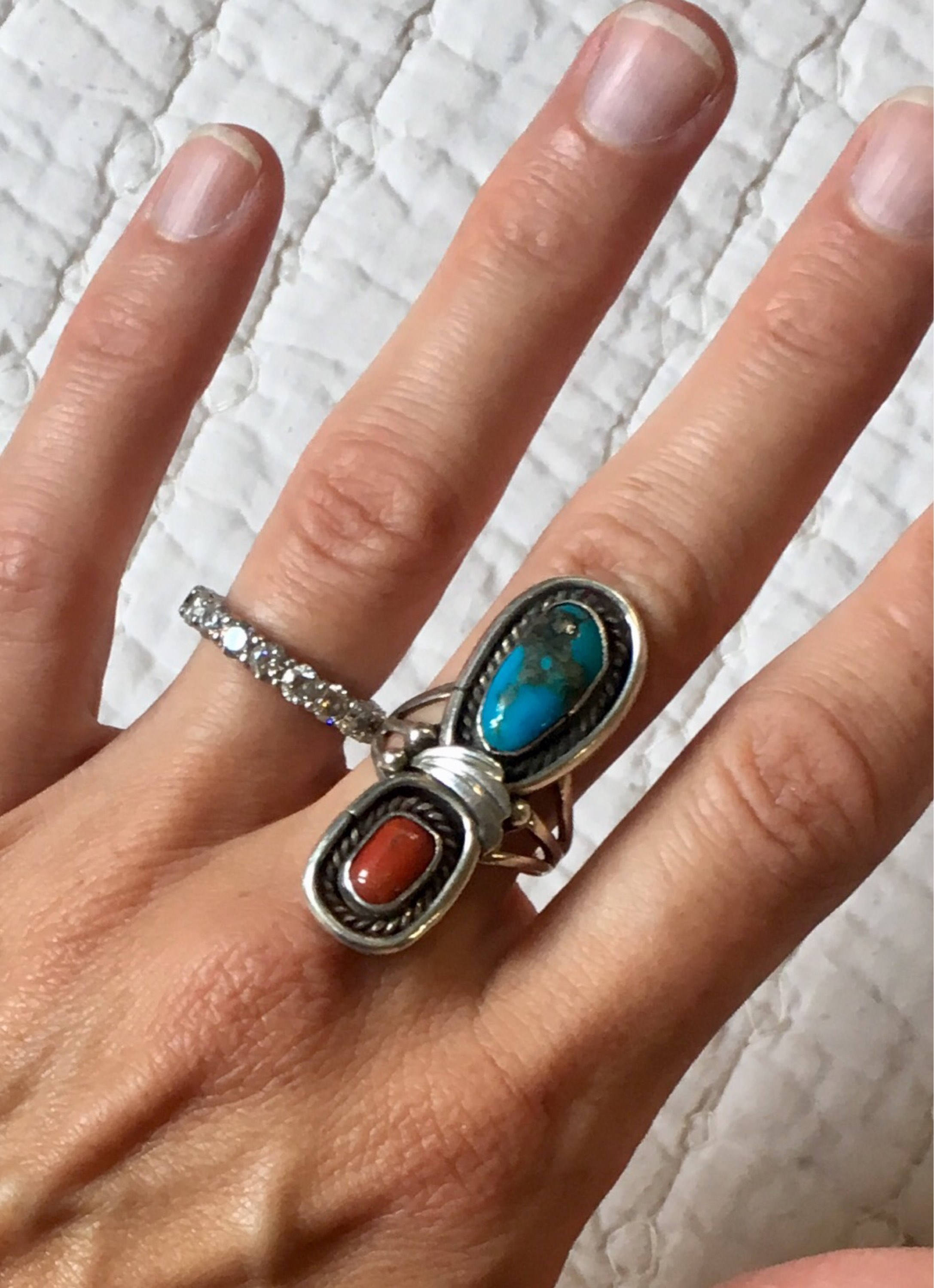 Vintage Turquoise Coral Ring Native American Navajo Sterling Silver and ...