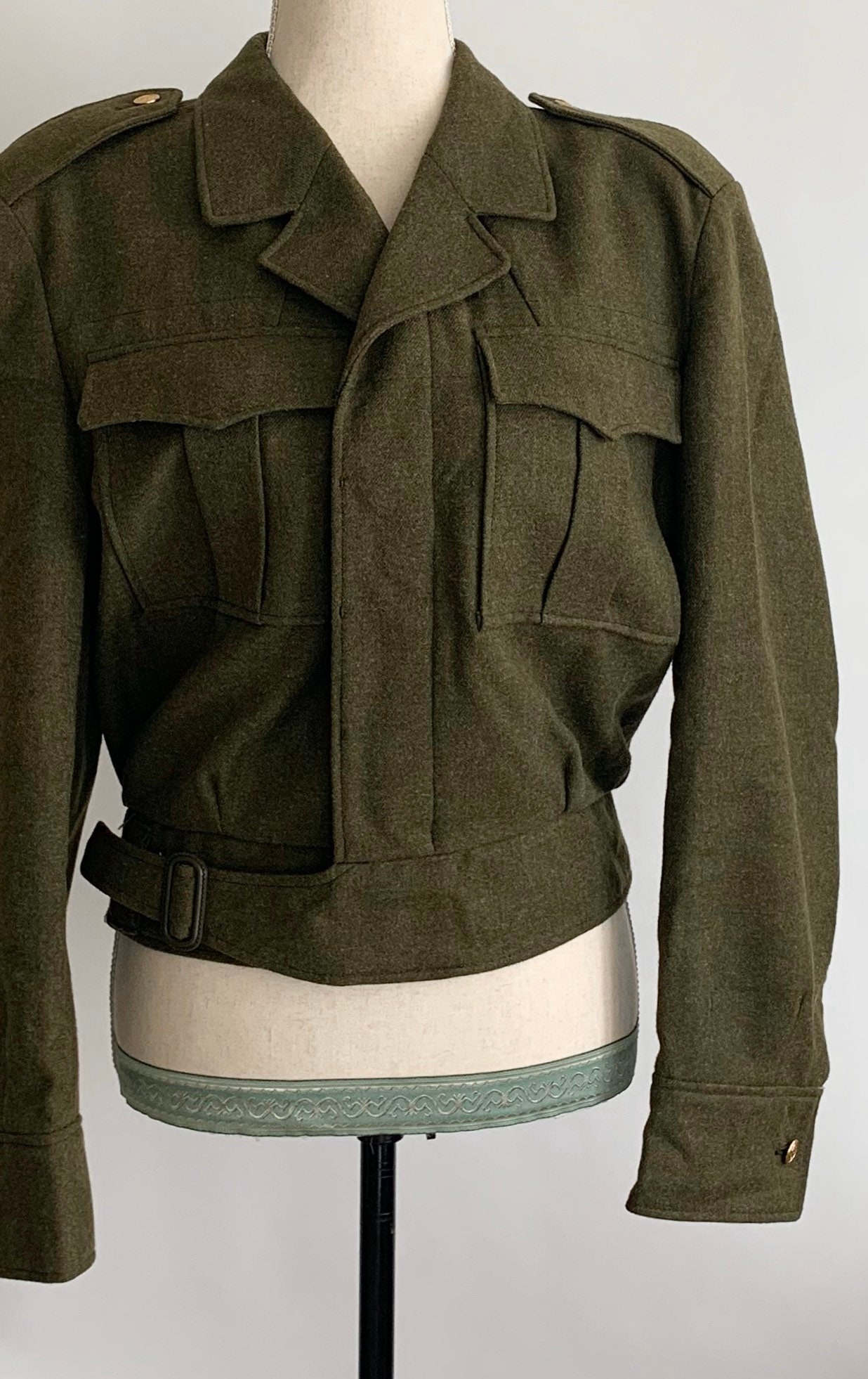 Wool Military Jacket Army Green Olive Coat Cropped Length Vintage ...