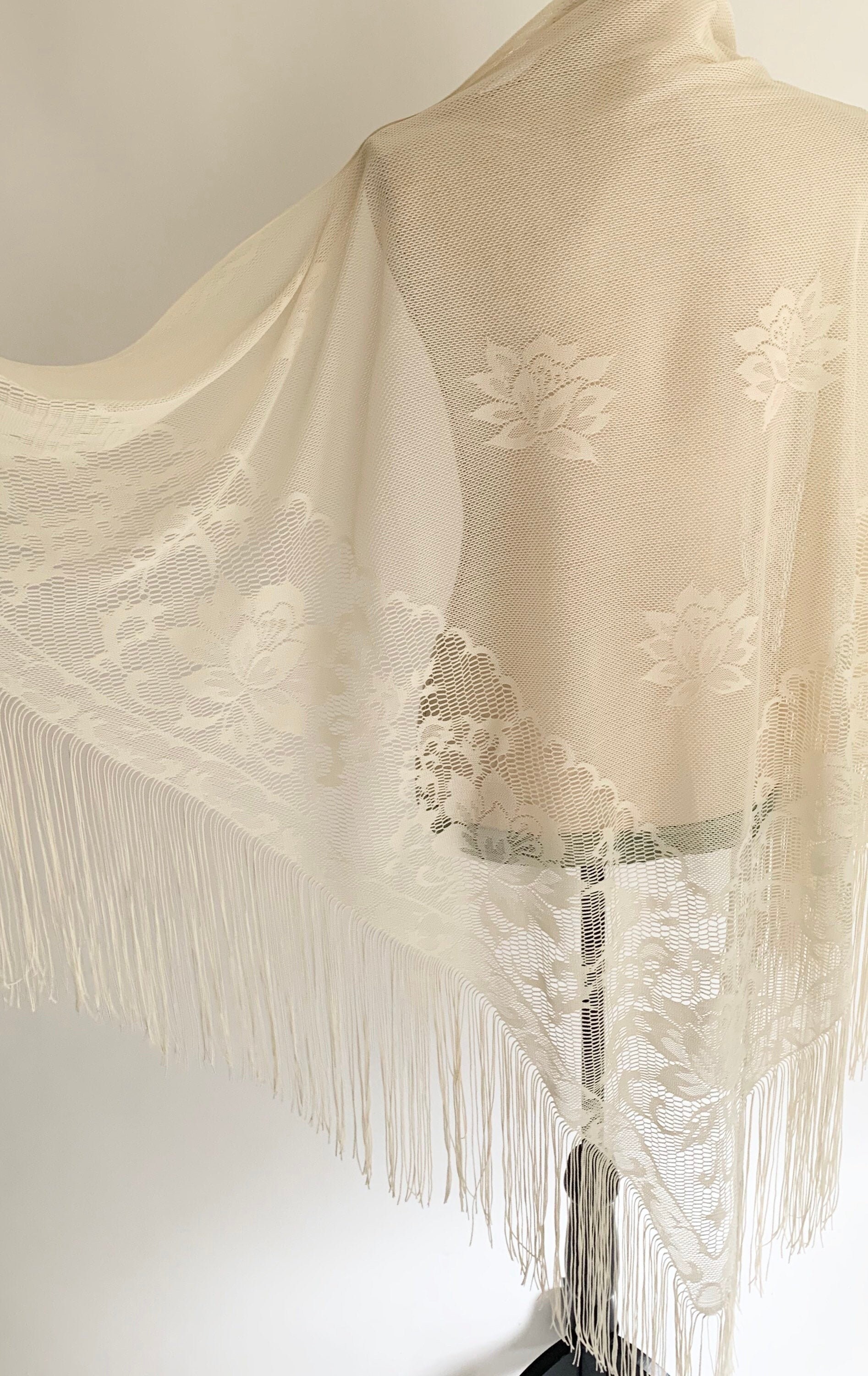 Dramatic Crochet Fringe Shawl Natural Ivory White Cream Wrap Vintage ...