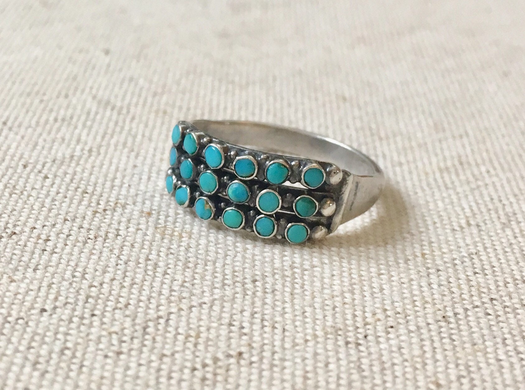 Delicate Zuni Turquoise Ring Band Sterling Silver Petit Point Triple ...