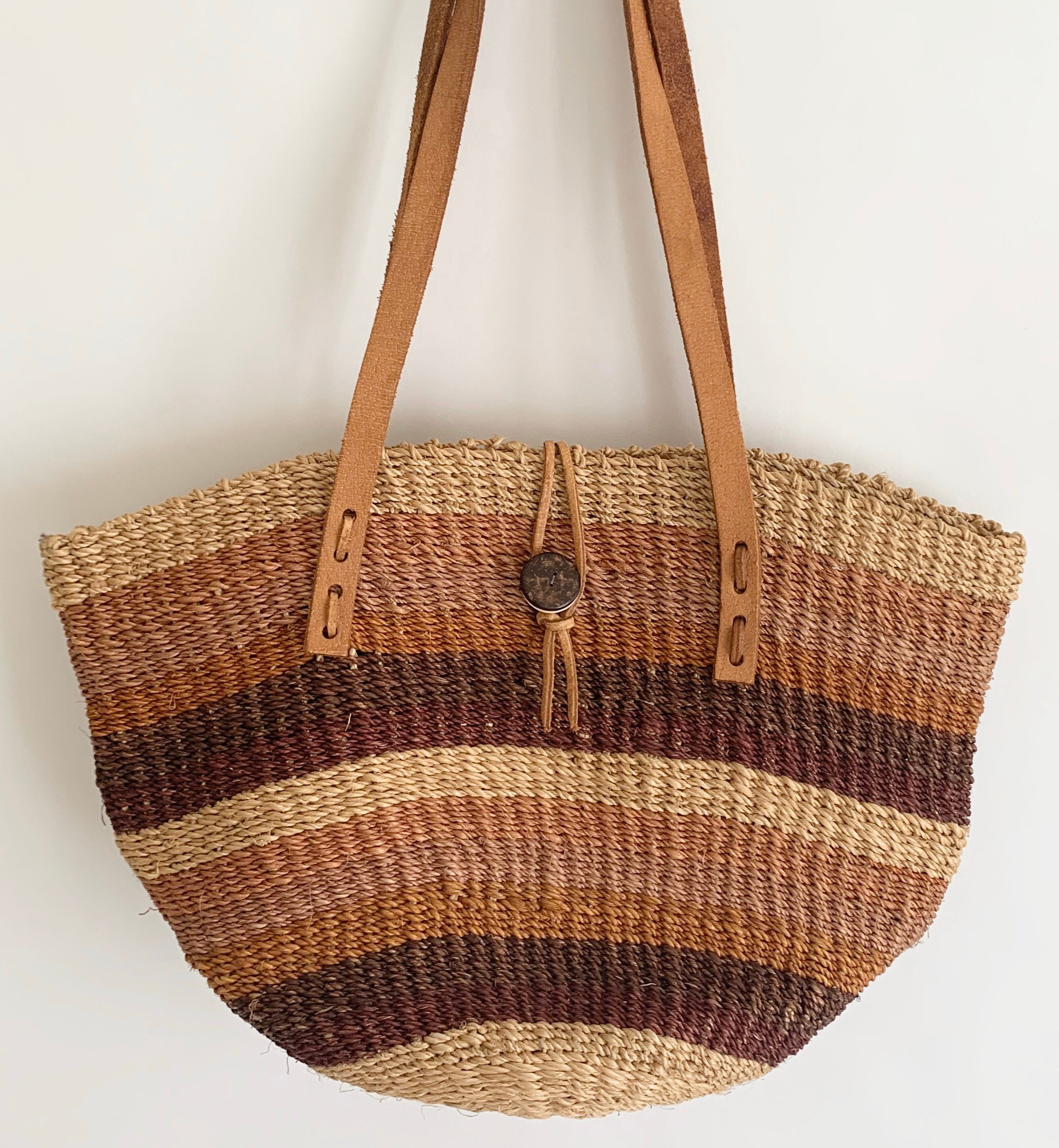 Vintage Sisal Straw Bag Purse Leather Straps Beige Brown Blush Striped ...