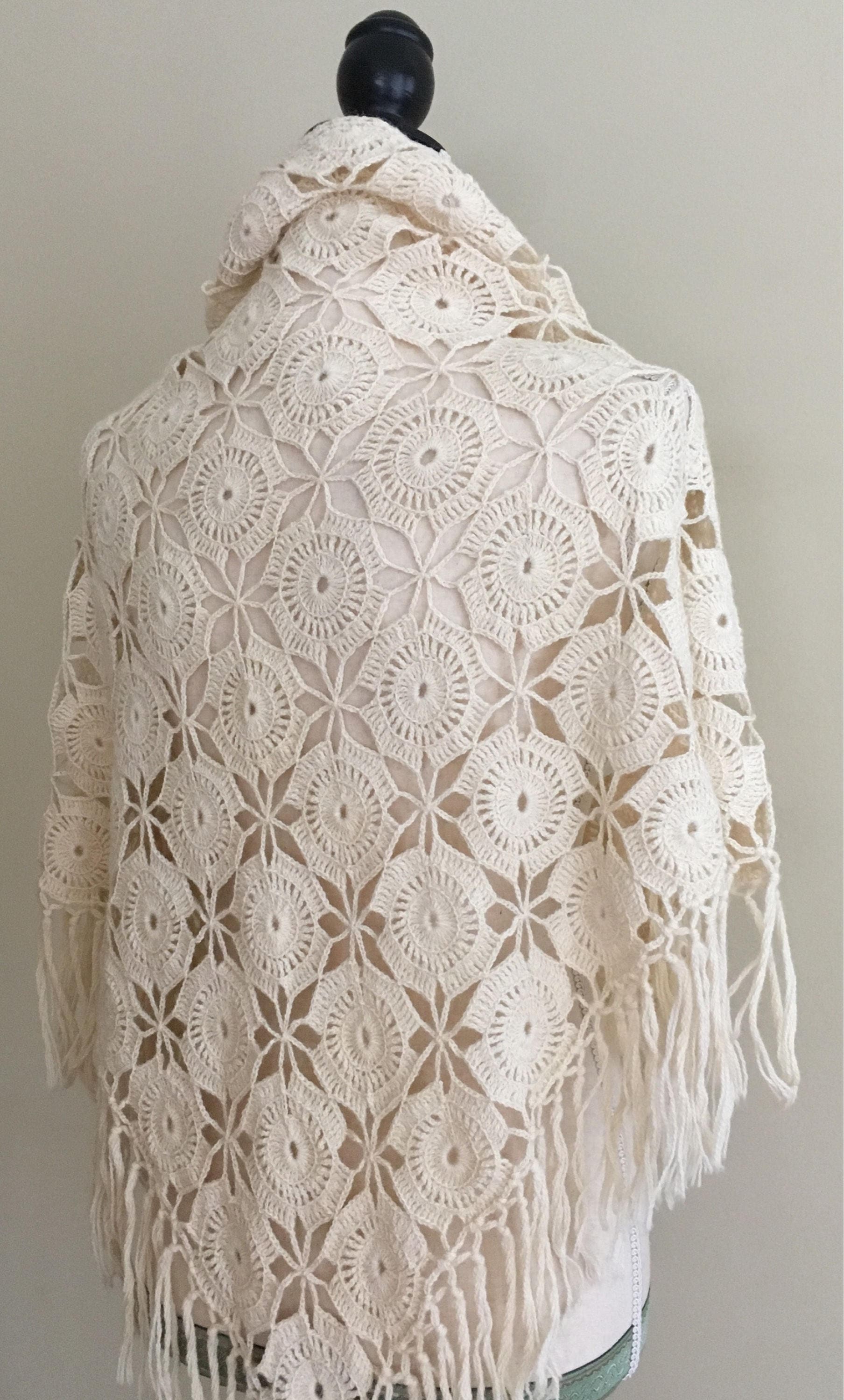 70s Crochet Fringe Shawl Natural White Wrap Vintage Hand Knit Peasant ...