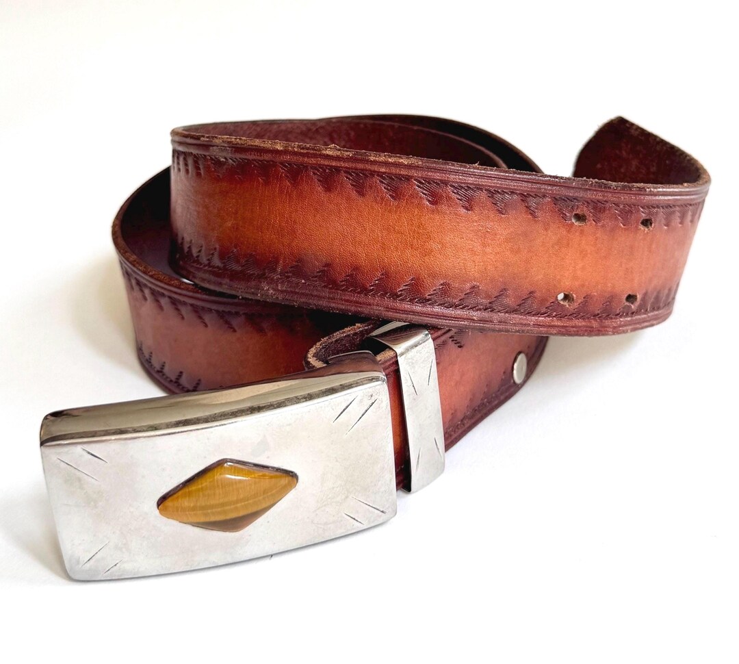 Vintage Western Belt Silver Tone Navajo Style Buckle Tigers Eye Accent ...