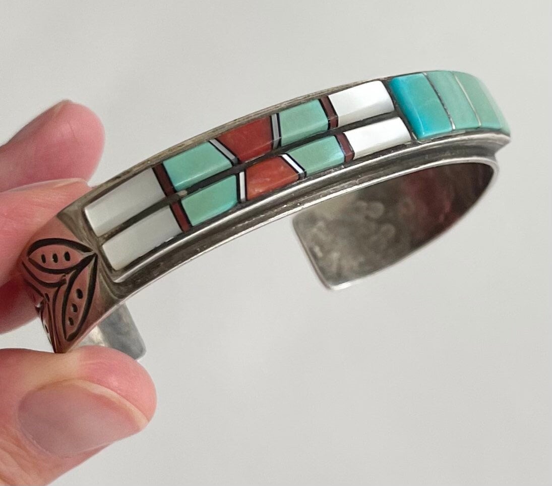 Flush Turquoise Inlay Cuff Bracelet Signed TEME Vintage Native American ...