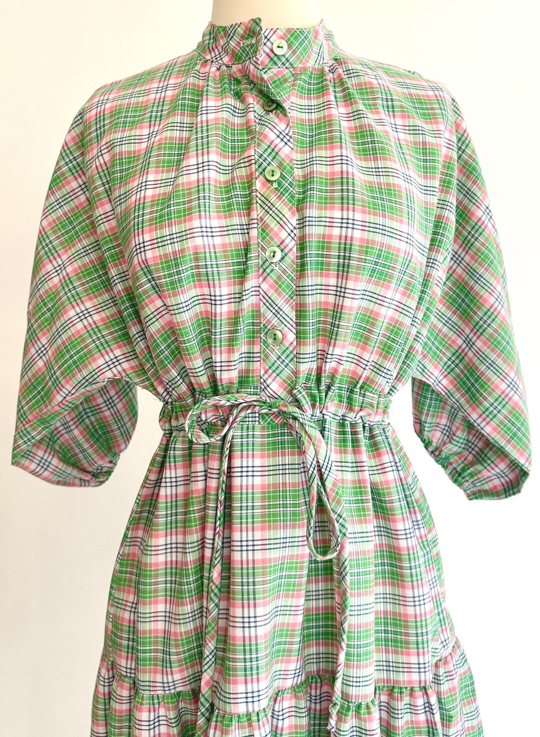 70s Plaid Prairie Dress Pastel Vintage Tie Waist Button Front Midi ...