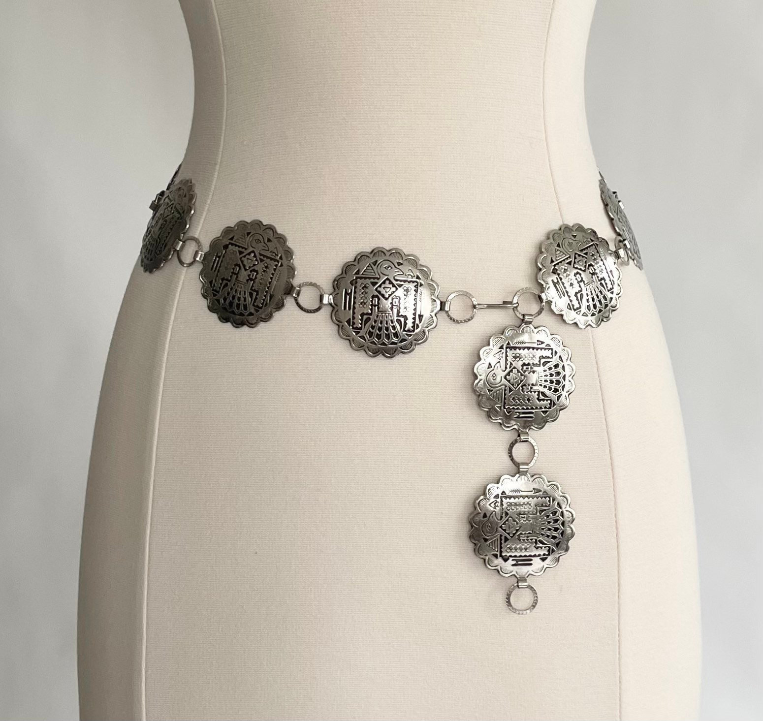 Vintage Thunderbird Concho Belt Chain Link Vintage Silver Tone Conchas ...