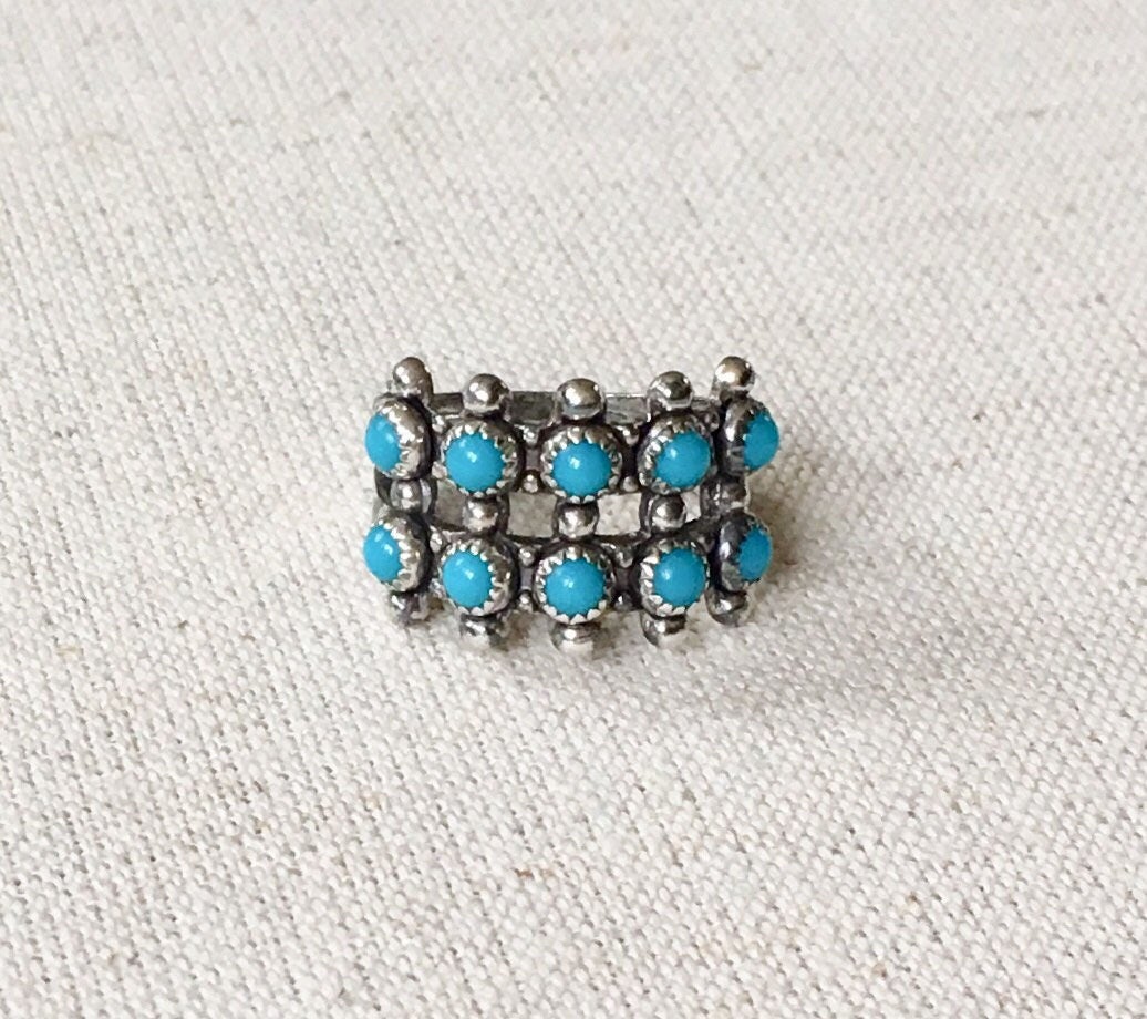 Vintage Zuni Turquoise Ring Band Snake Eye Double Row Sterling Silver ...