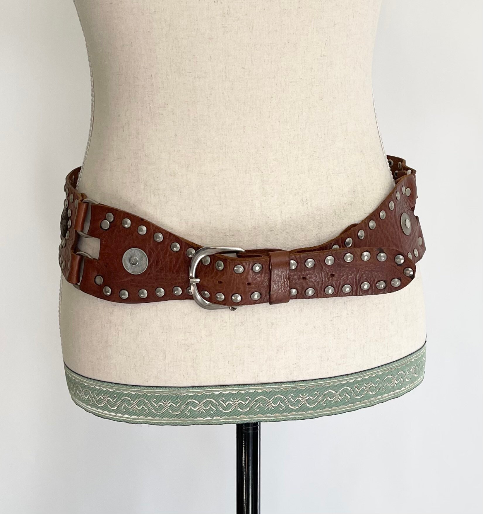 Wide Studded Coin Belt Vintage 70s Distressed Soft Tan Brown Leather ...