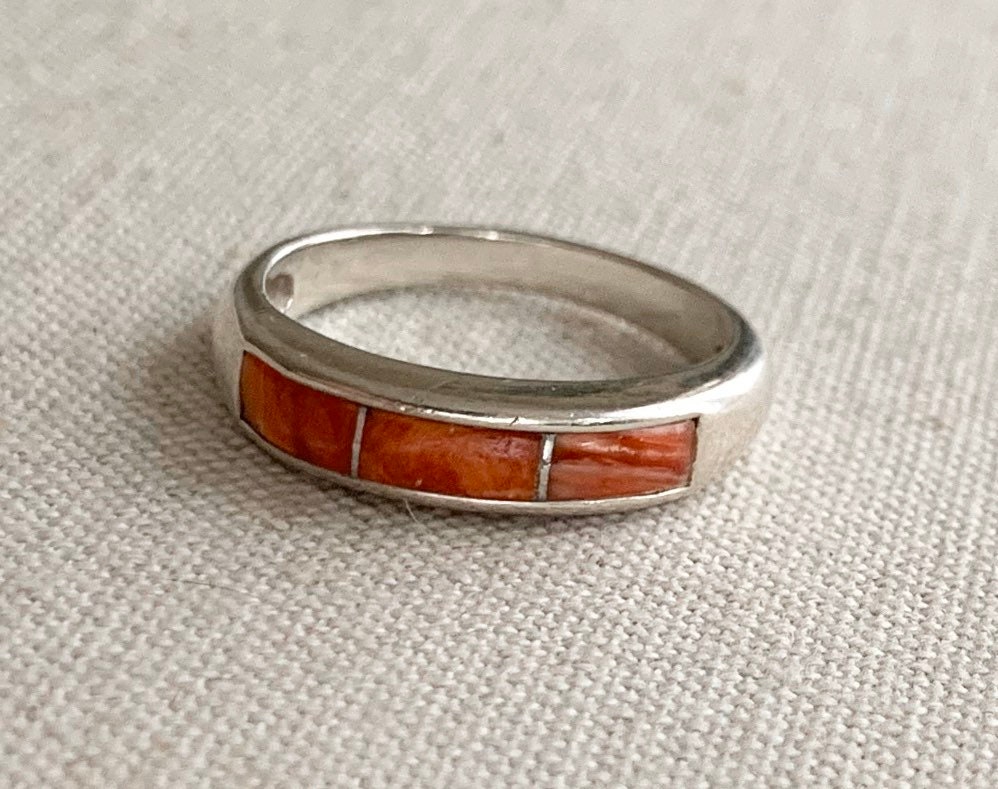 Red Coral Inlay Ring Band Thin Delicate Stackable Rings Vintage ...